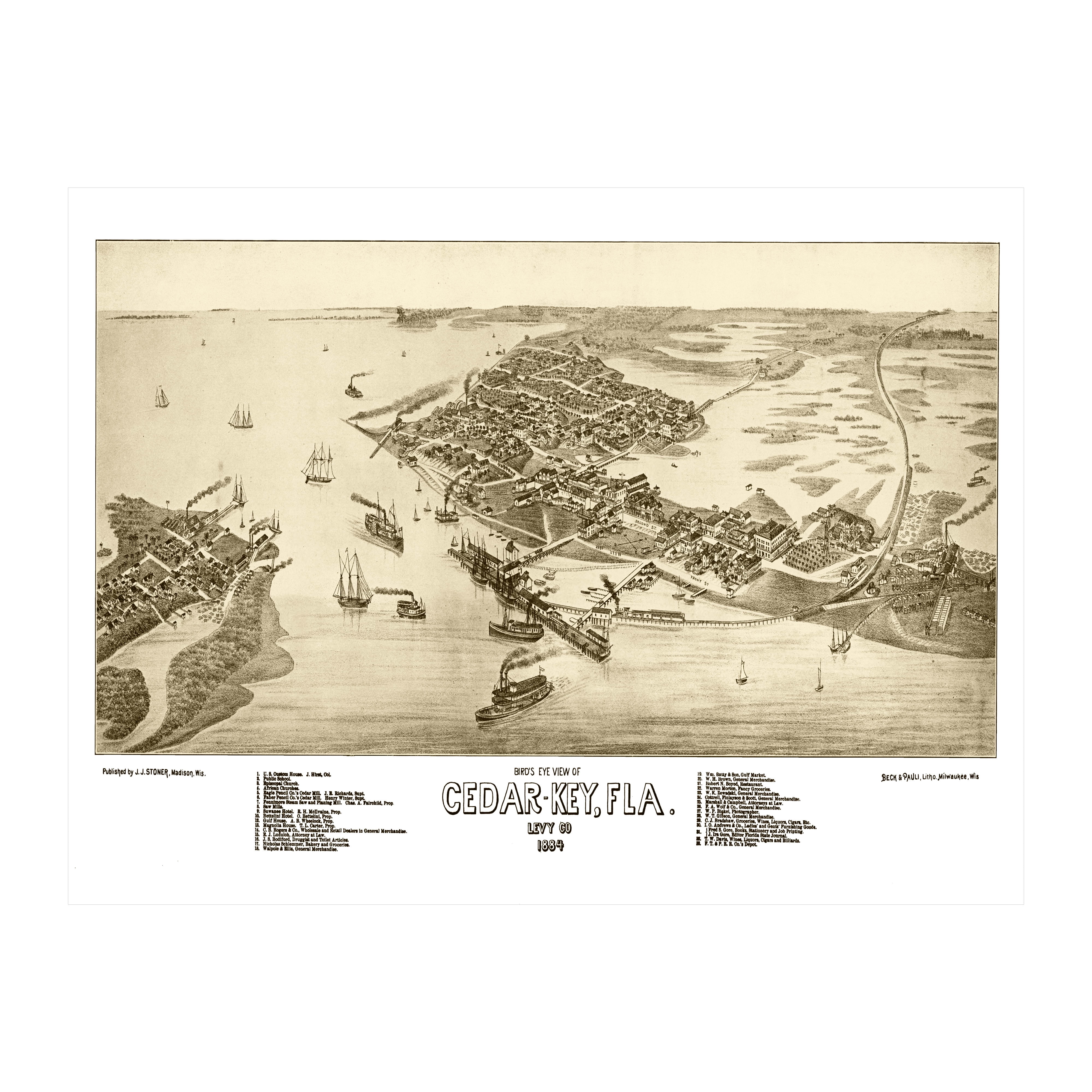 Cedar Key Art, 1884 Vintage Map of Cedar Key Florida, FL History Wall ...