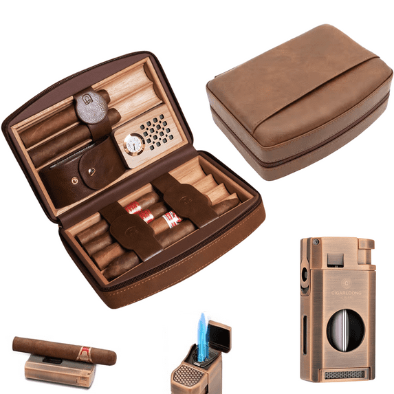 Cedar Lined Leather Cigar Travel Case with Humidifier & 3-in-1 Lighter ...