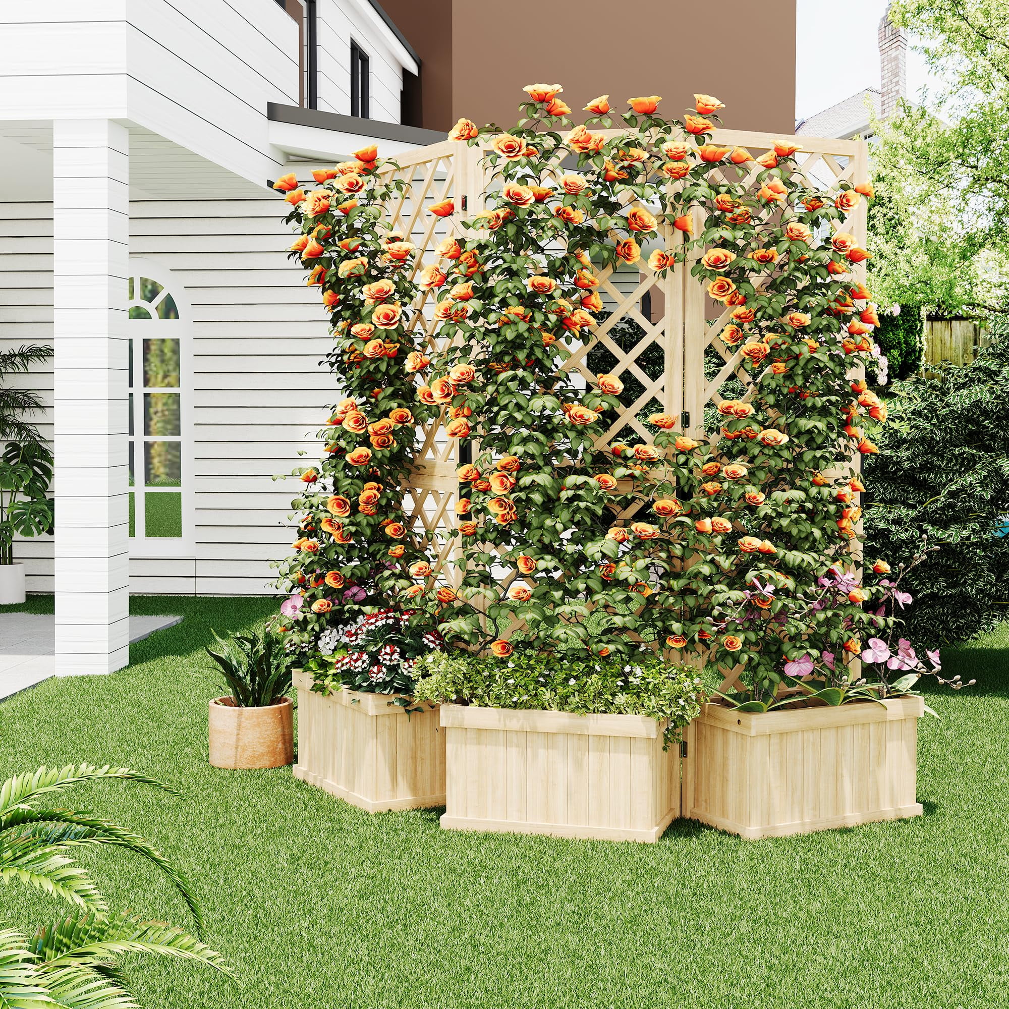 Cedar Privacy Screen with Planter Box, 3-Panel Freestanding Garden ...