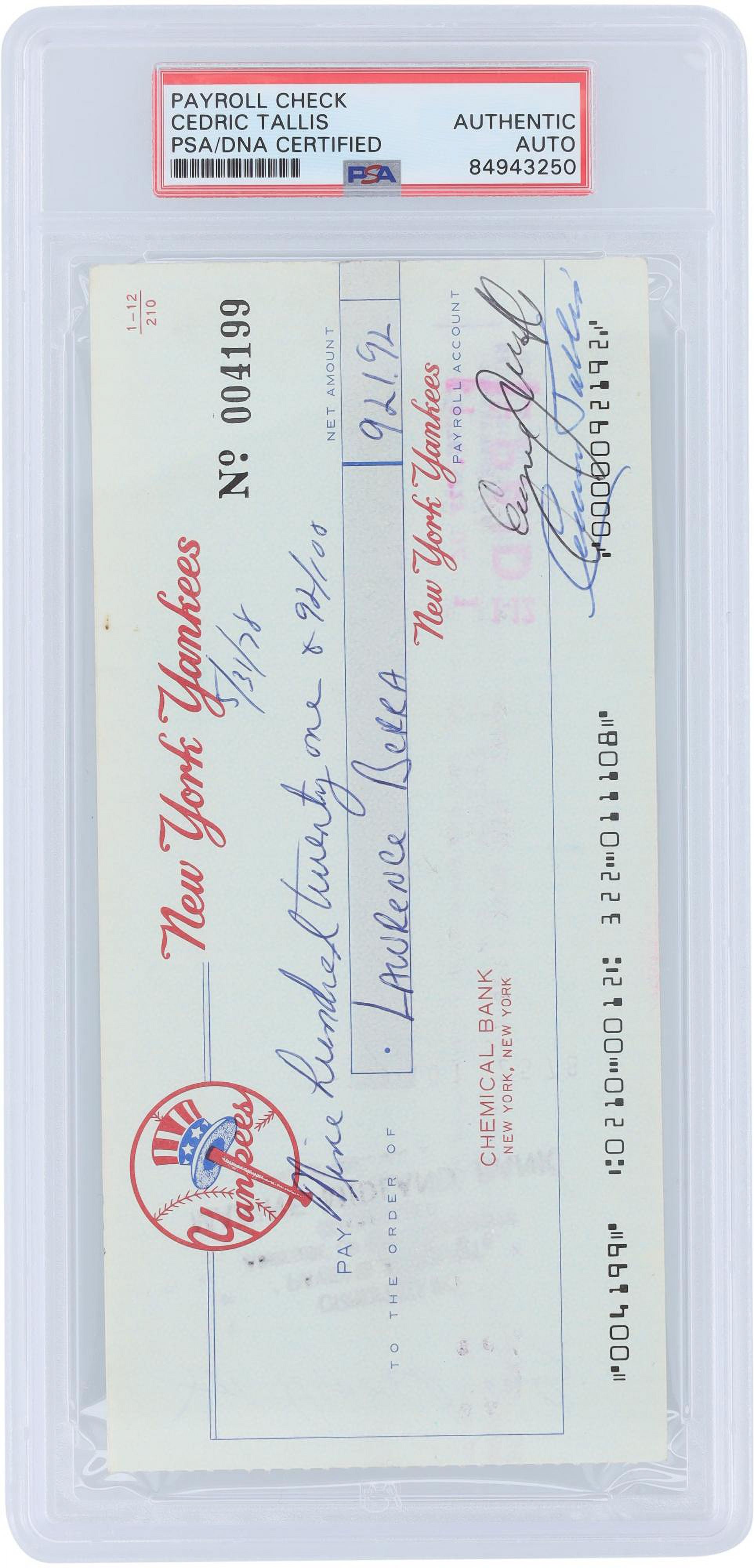 Cedric Tallis New York Yankees Autographed Check from May 31, 1978 ...