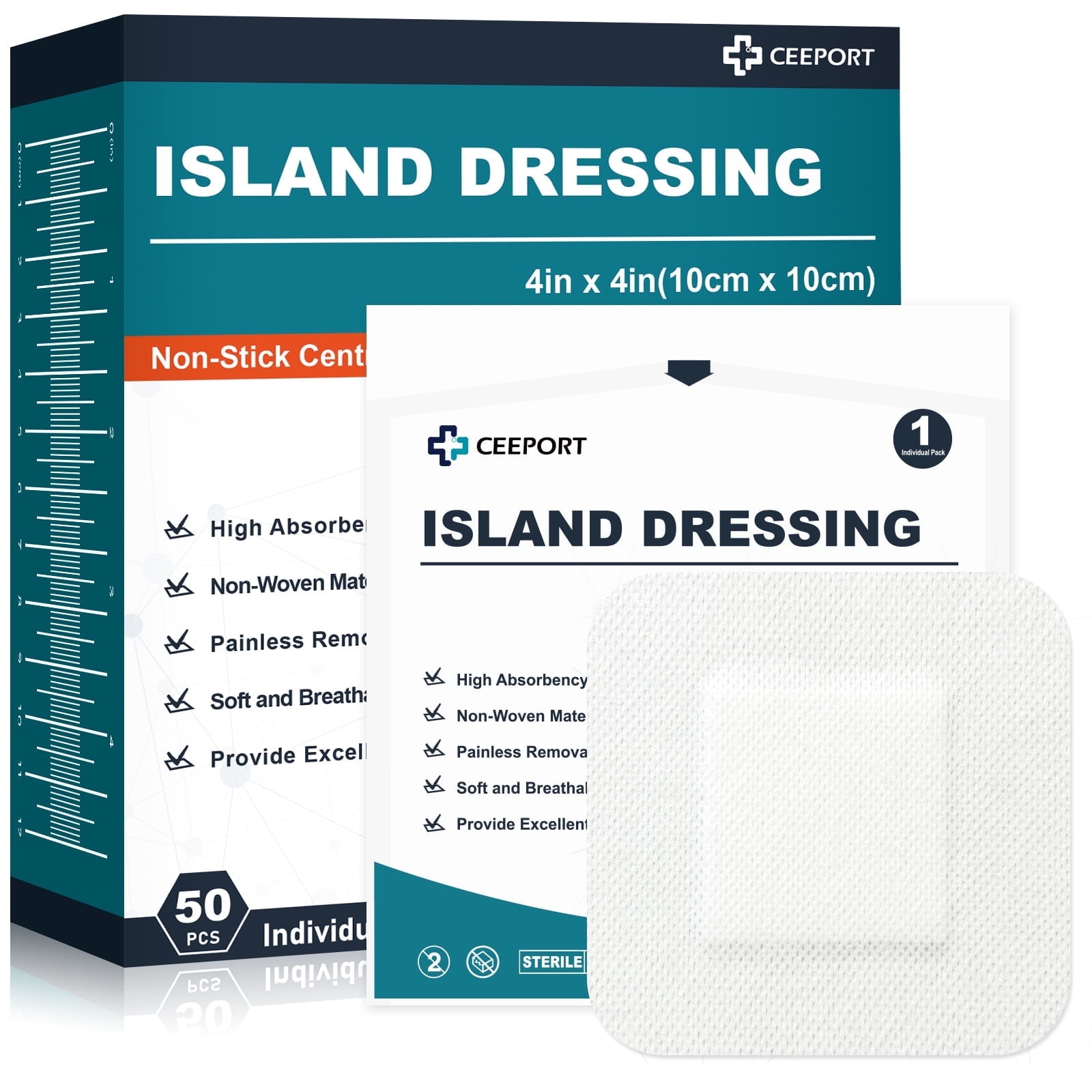 Ceeport Island Dressing Bordered Gauze 4" x 4", 50 Count Non-Stick Pad in Center with Adhesive ...