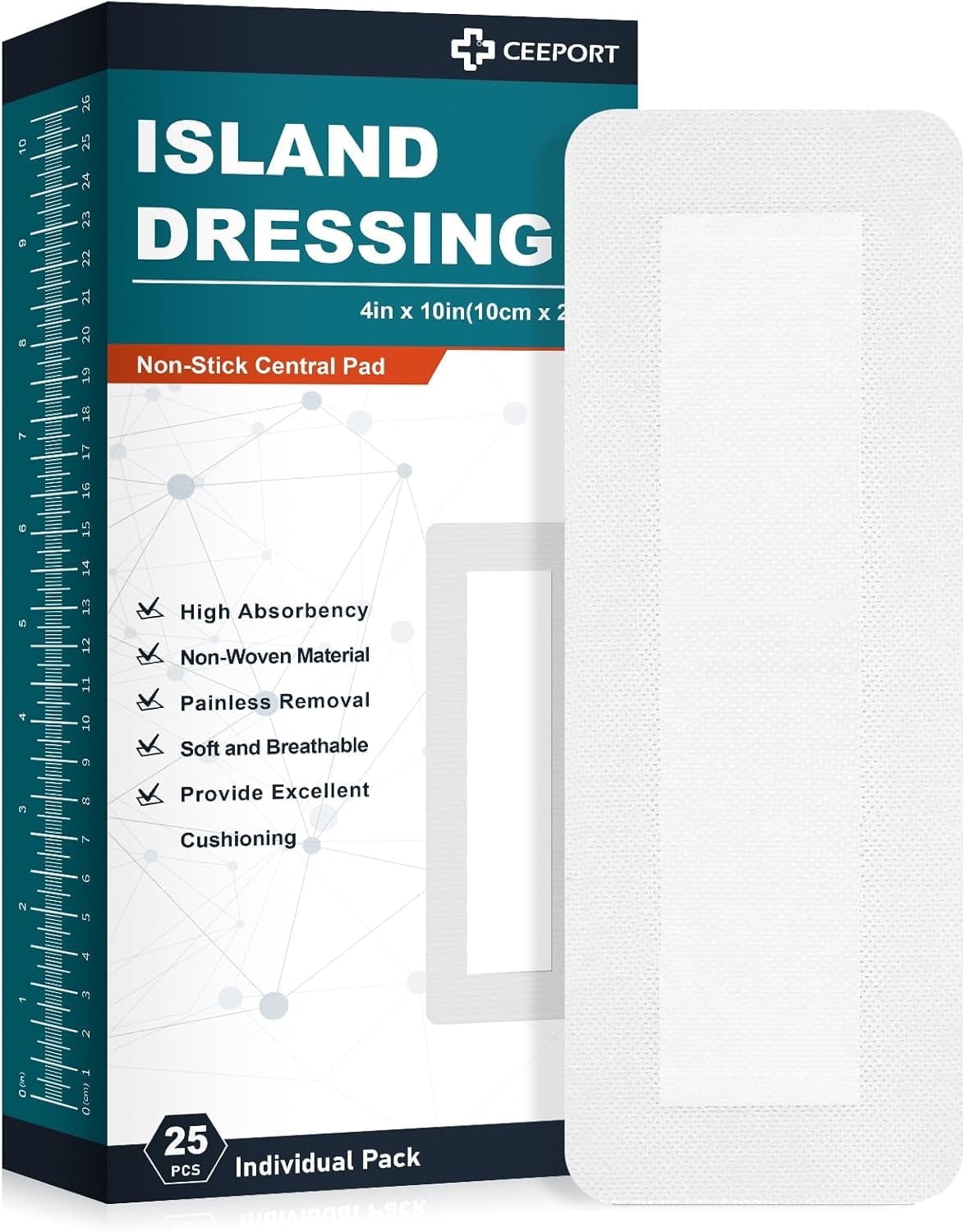 Ceeport Island Dressing Bordered Gauze 4"x10", 25 Individually Packed ...