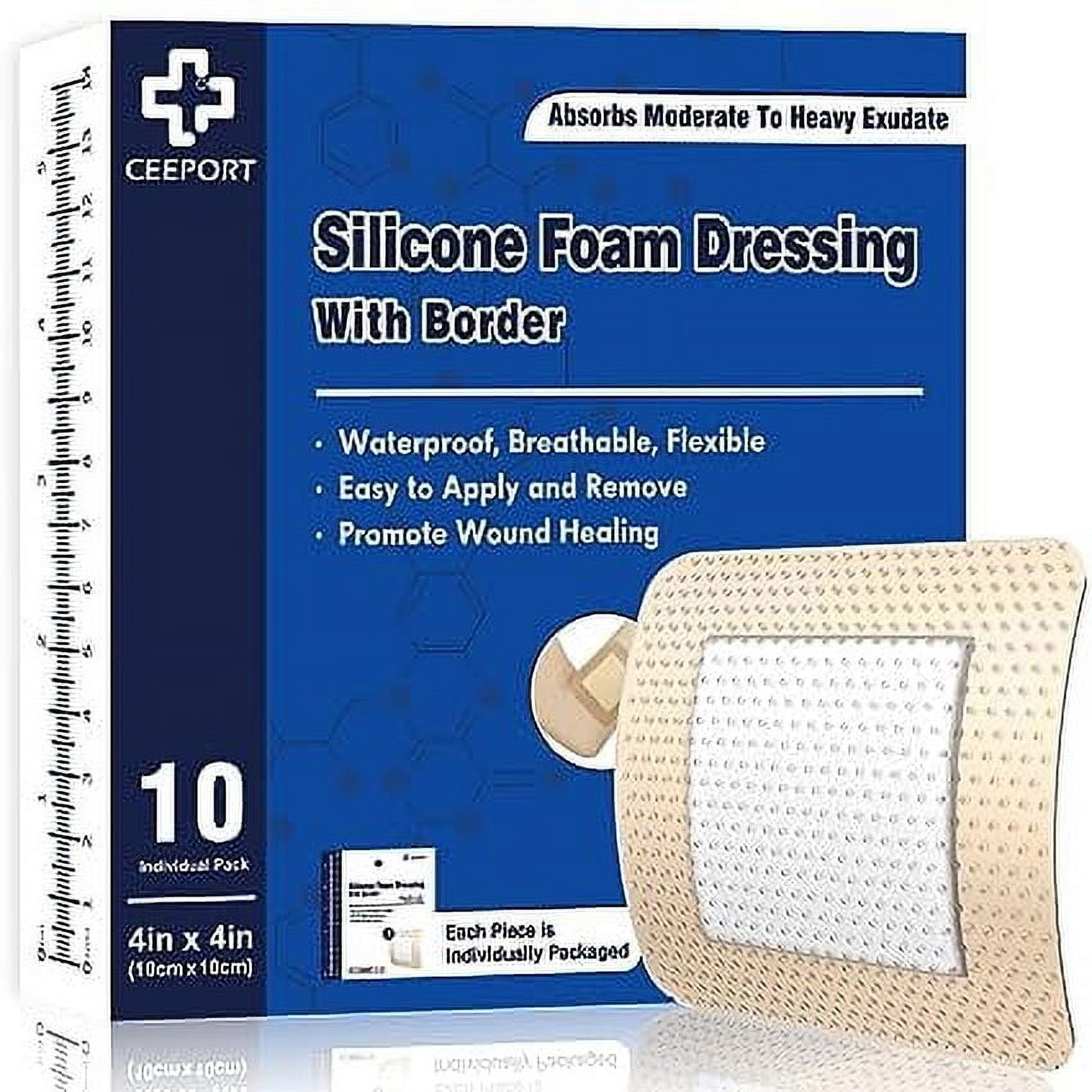 Ceeport Silicone Foam Dressing with Adhesive Gentle Border 4" x 4" 10 Pack, Waterproof Wound ...