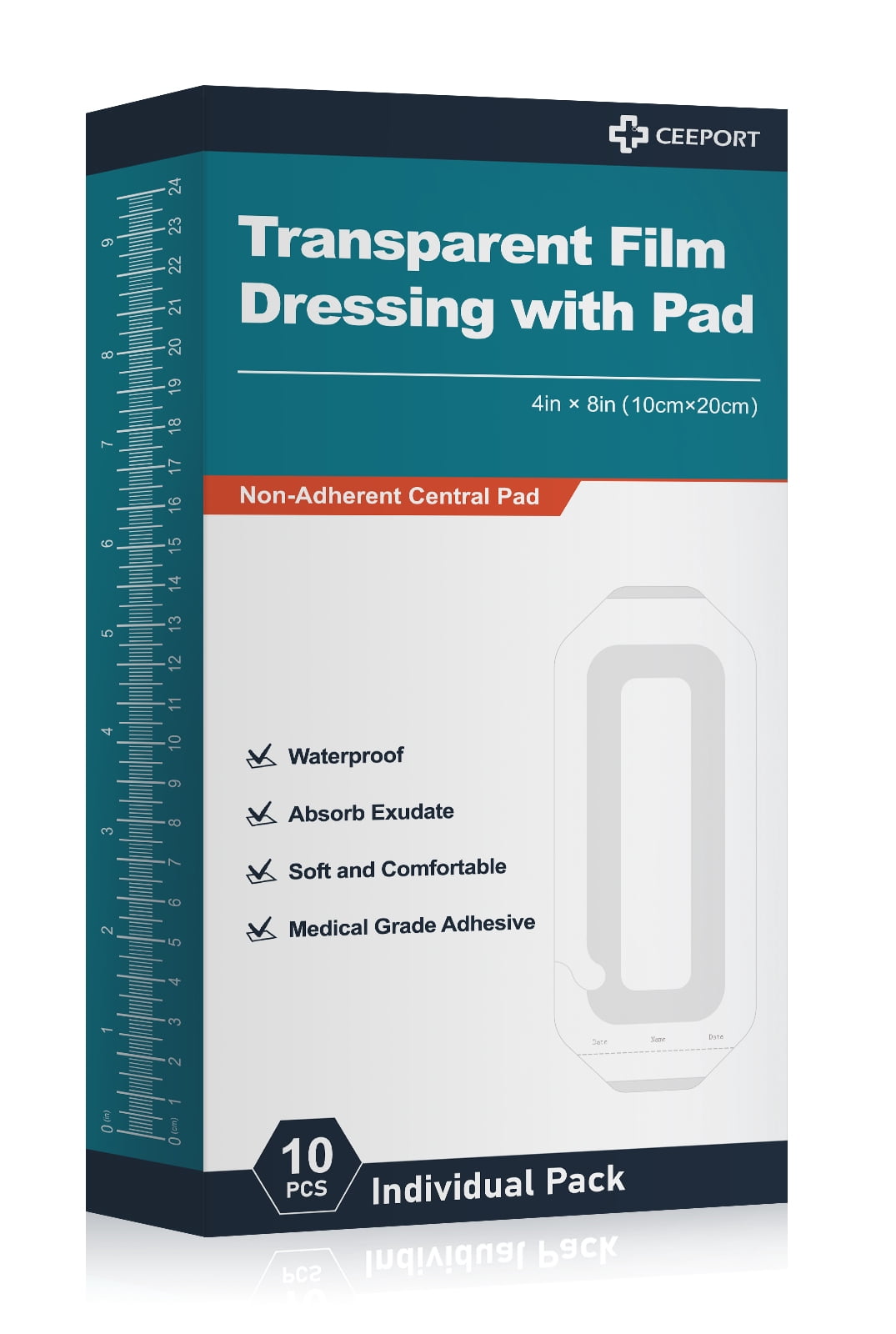Ceeport WaterproofTransparent Film Dressing with Pad 10 Pack, 4"x8 ...