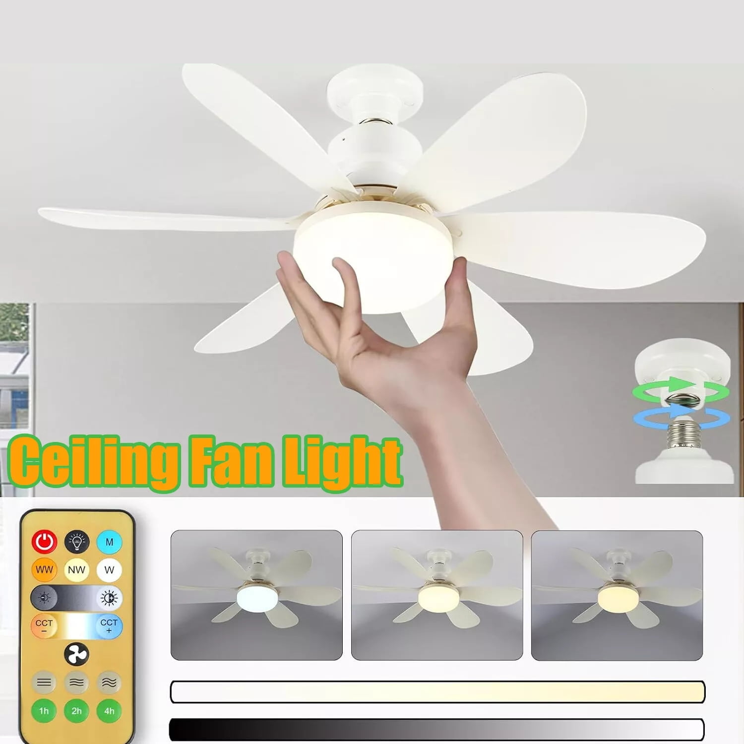 Ceiling Fan E27 Socket Fan 30W with Dimmable LED Light Remote ...