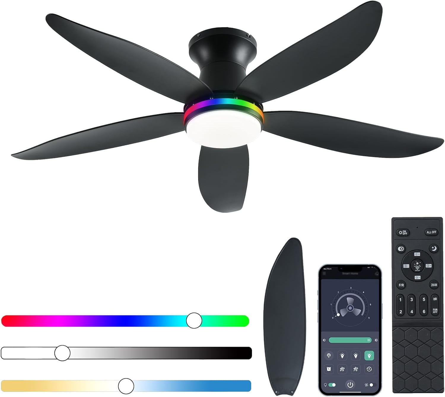 Ceiling Fan with Light, 48" RGB Low Profile Ceiling Fans with Lights ...