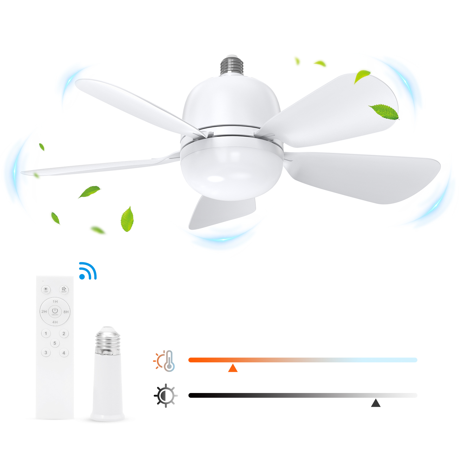 Ceiling Fan with Light, AMIR Cordless Silent Socket Fan Light Remote ...