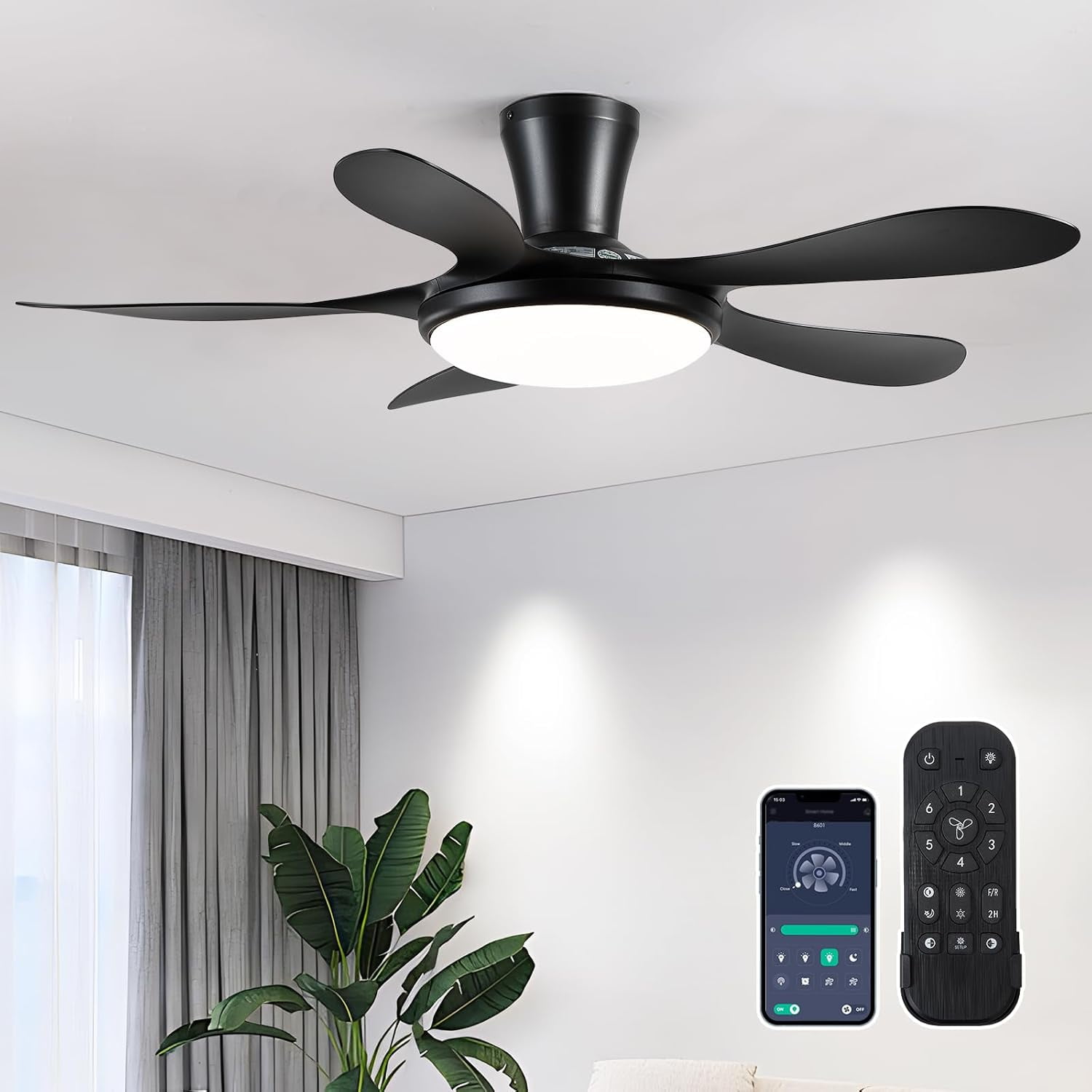 Ceiling Fan with Light and Remote/APP, 46" Modern Low Profile Ceiling ...