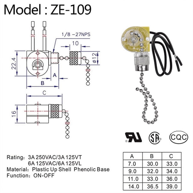 Ceiling Fan Light Switch Ear ZE-109 Two-Wire Light Switch with Pull ...