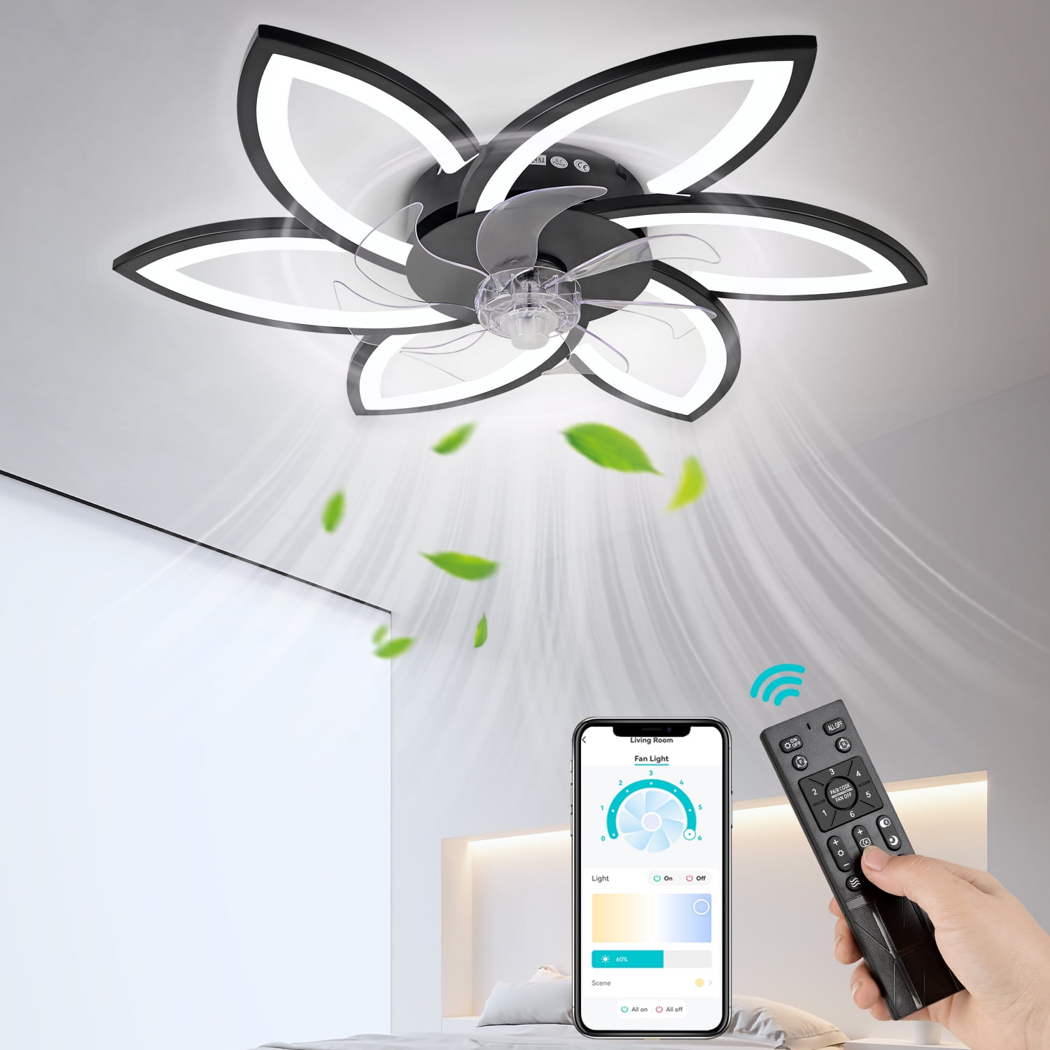 FIMEI LED Ceiling Fan Light with Remote Control, 3 Colors, 6 Wind ...