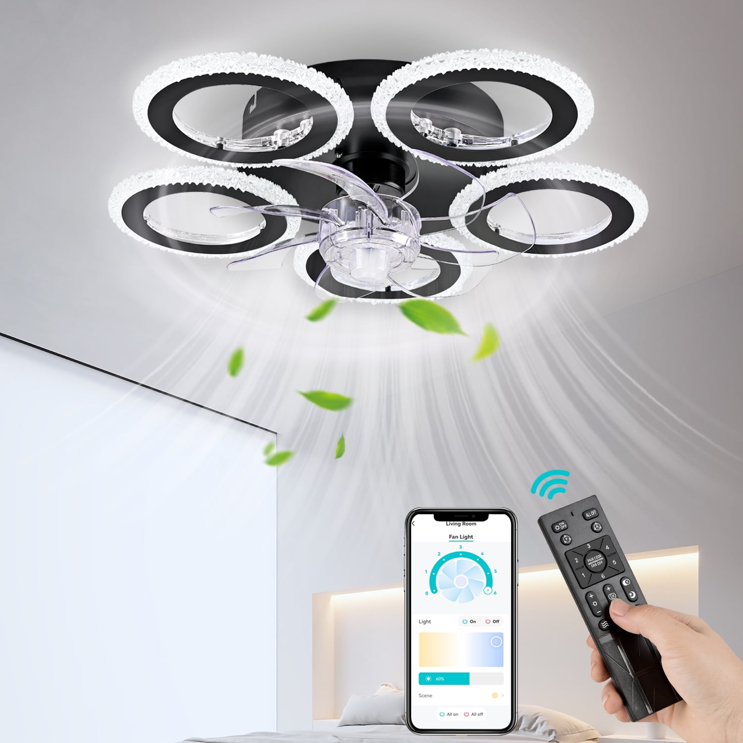 FIMEI Elegant Ceiling Fan Light & Remote, 3 Colors, 6 Speeds, 7 Blades ...