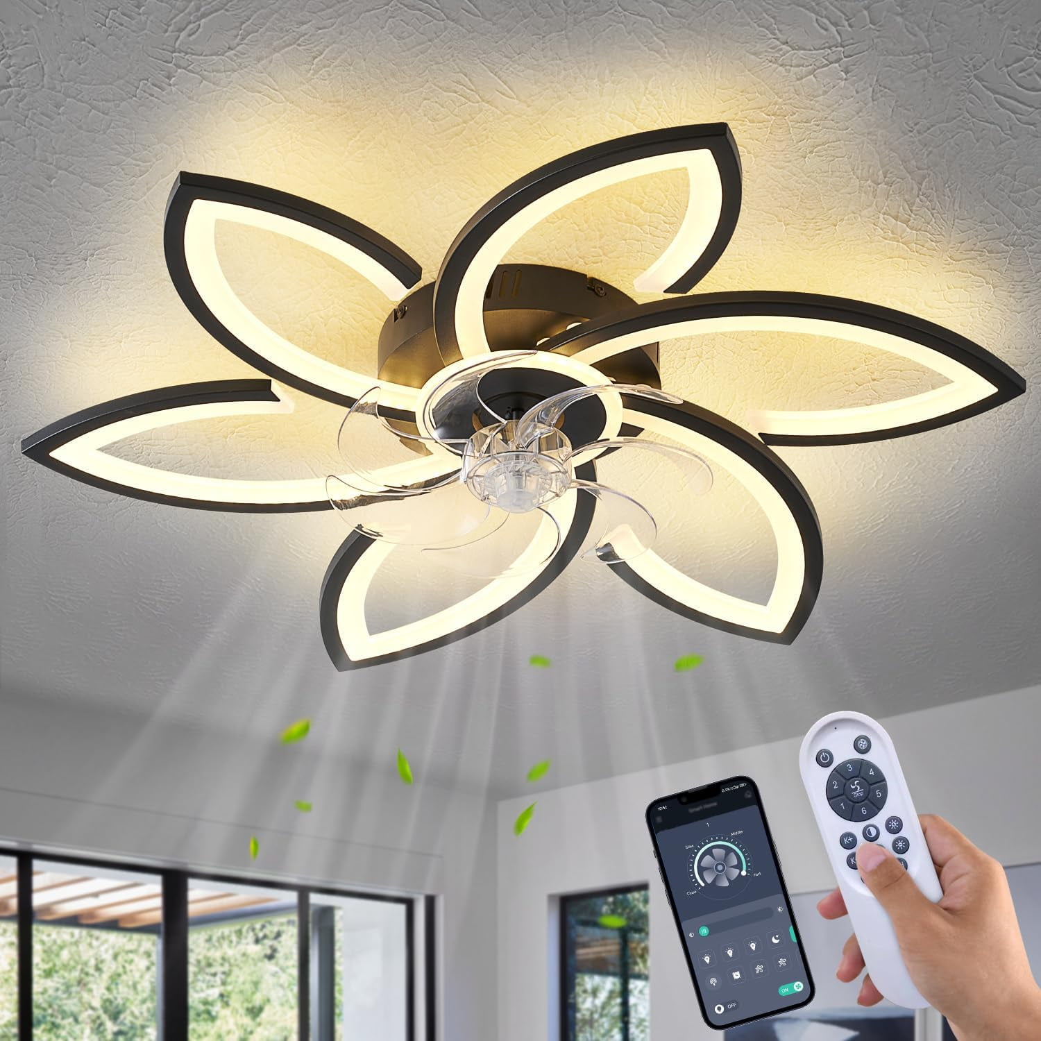 Ceiling Fan with Lights Remote Control, Black Flower Ceiling Fan with ...