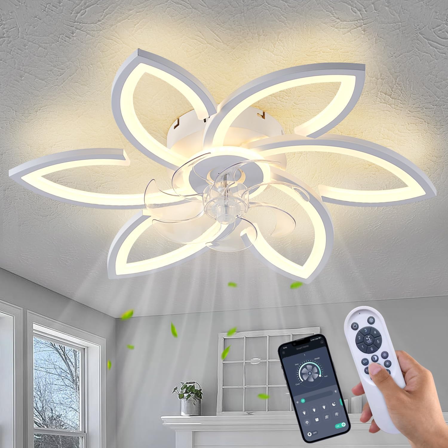 Ceiling Fan with Lights Remote Control, White Flower Ceiling Fan with ...