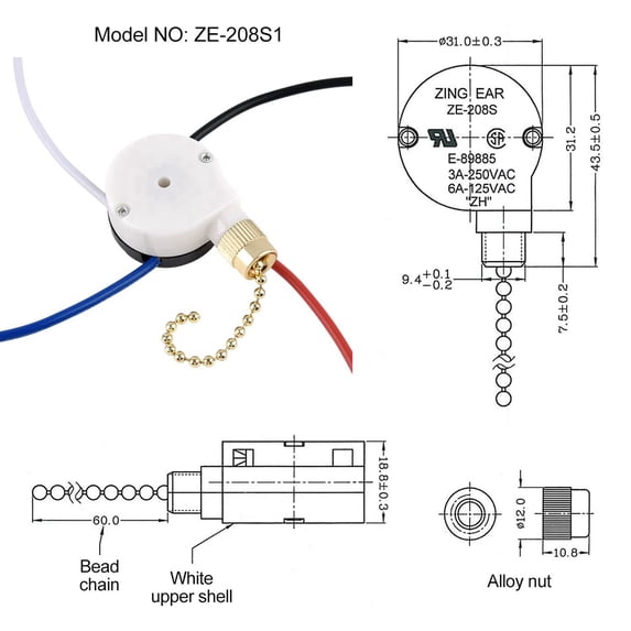 Ceiling Fan Switch Kit ZE-208S E89885 3 Speed 4 Wire Pull Chain ...