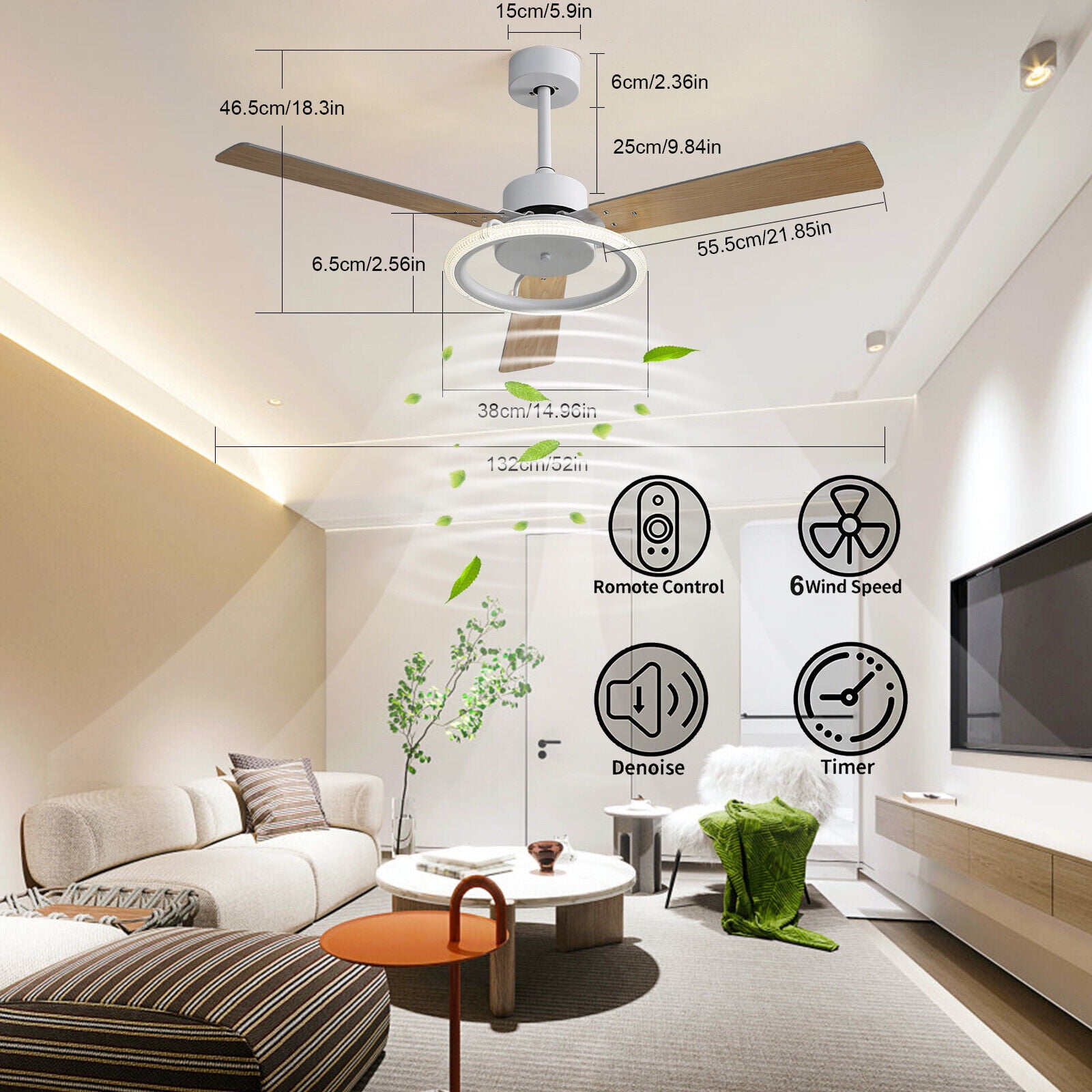 Ceiling Fan W/ Remote Control Quiet Motor Dc Ceiling Fan & Led Light ...