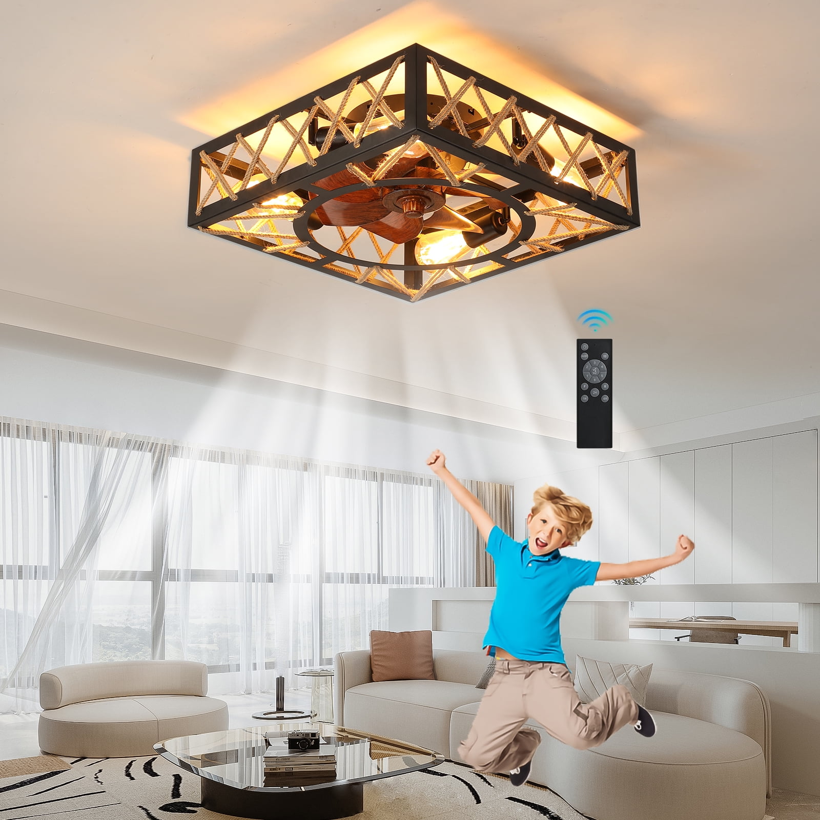 Ceiling Fan With Remote Control, Square Caged Fan Light With 6 Speeds ...