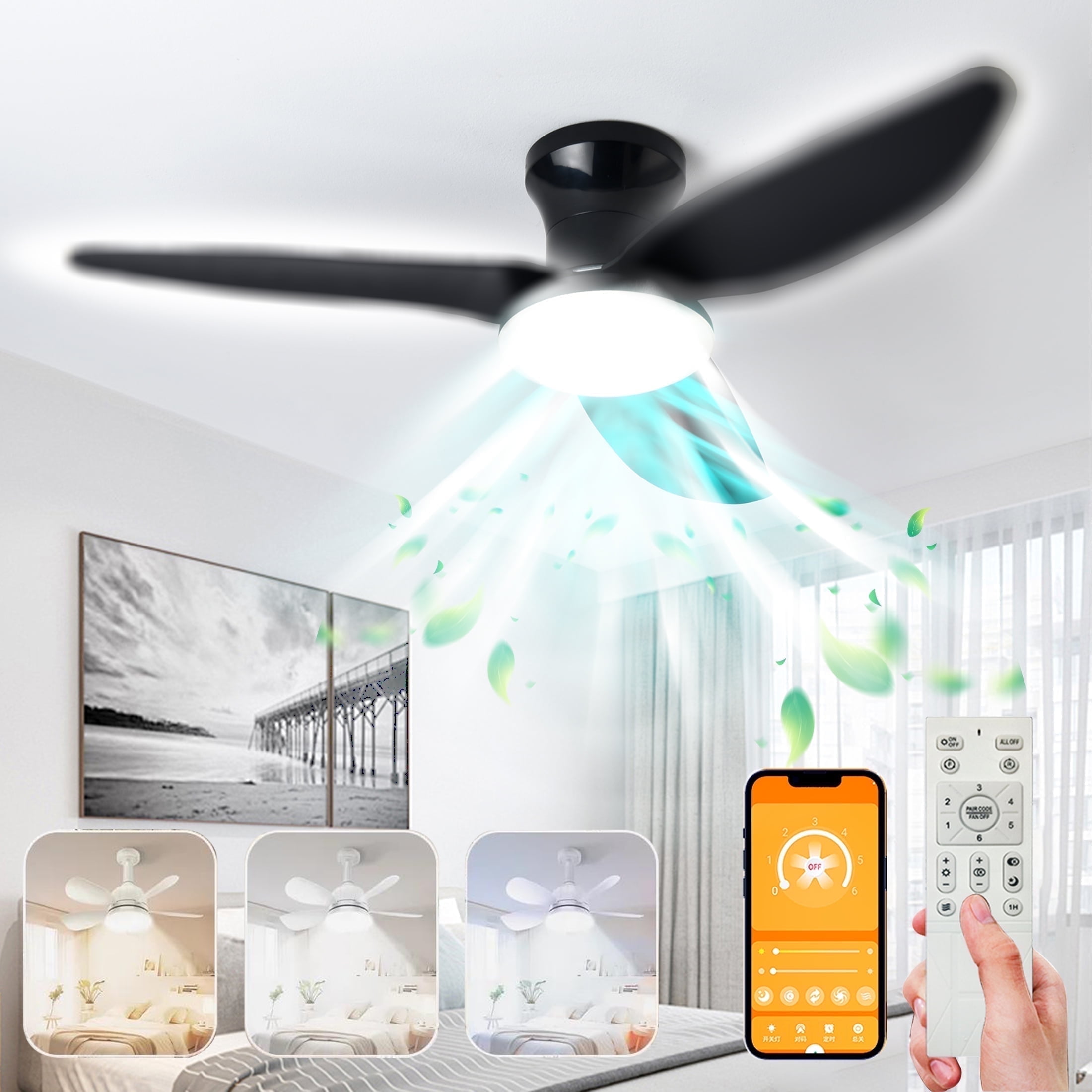 Ceiling Fan with Light,Remote & App Control 40 inch,Small Fans,3 Colors ...
