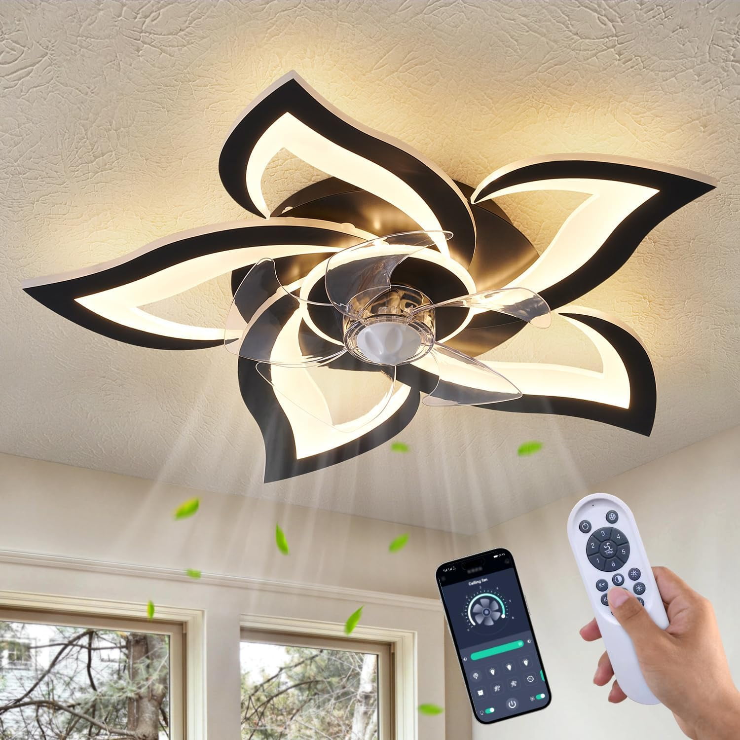 Ceiling Fan with Lights Remote Control, 24" Black, 6 Speeds 3 Light ...