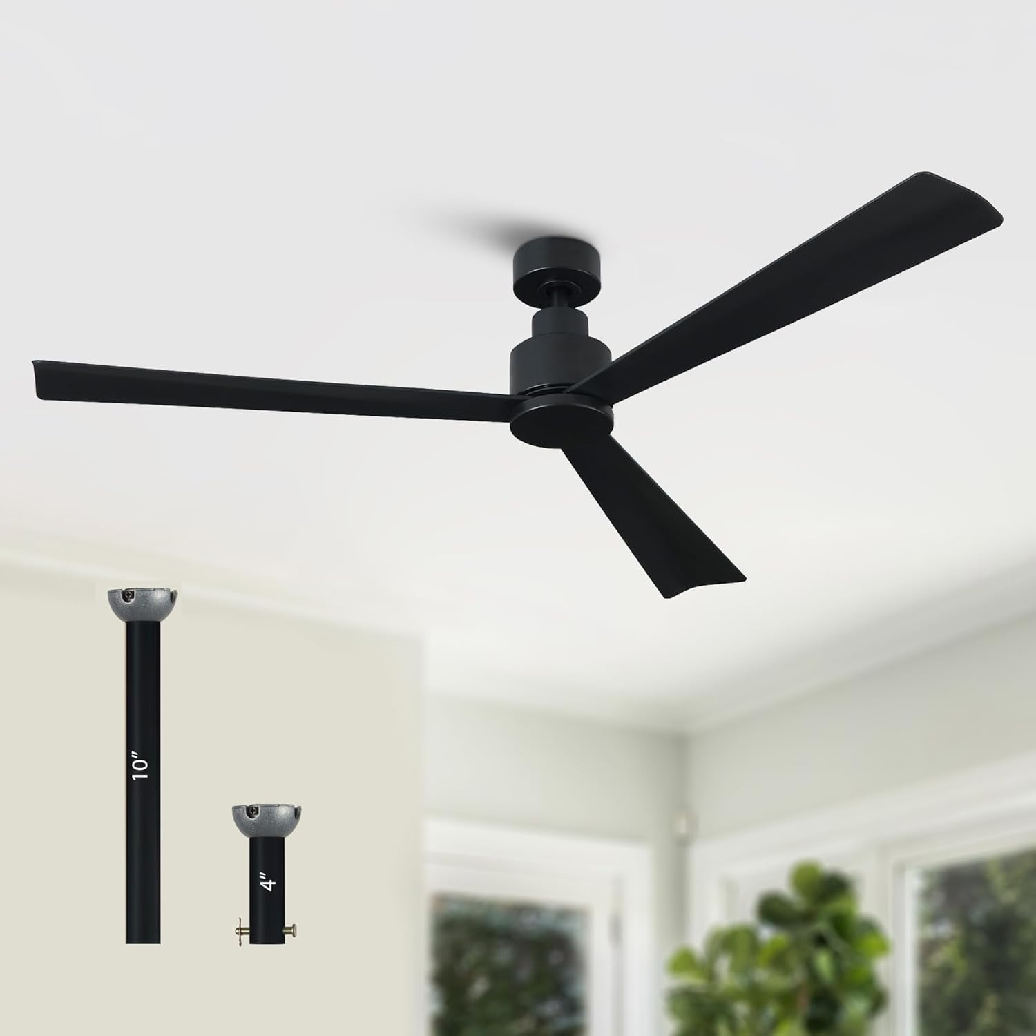Ceiling Fan without Light,52 Inch 3 Blades Black Outdoor Ceiling Fan No ...
