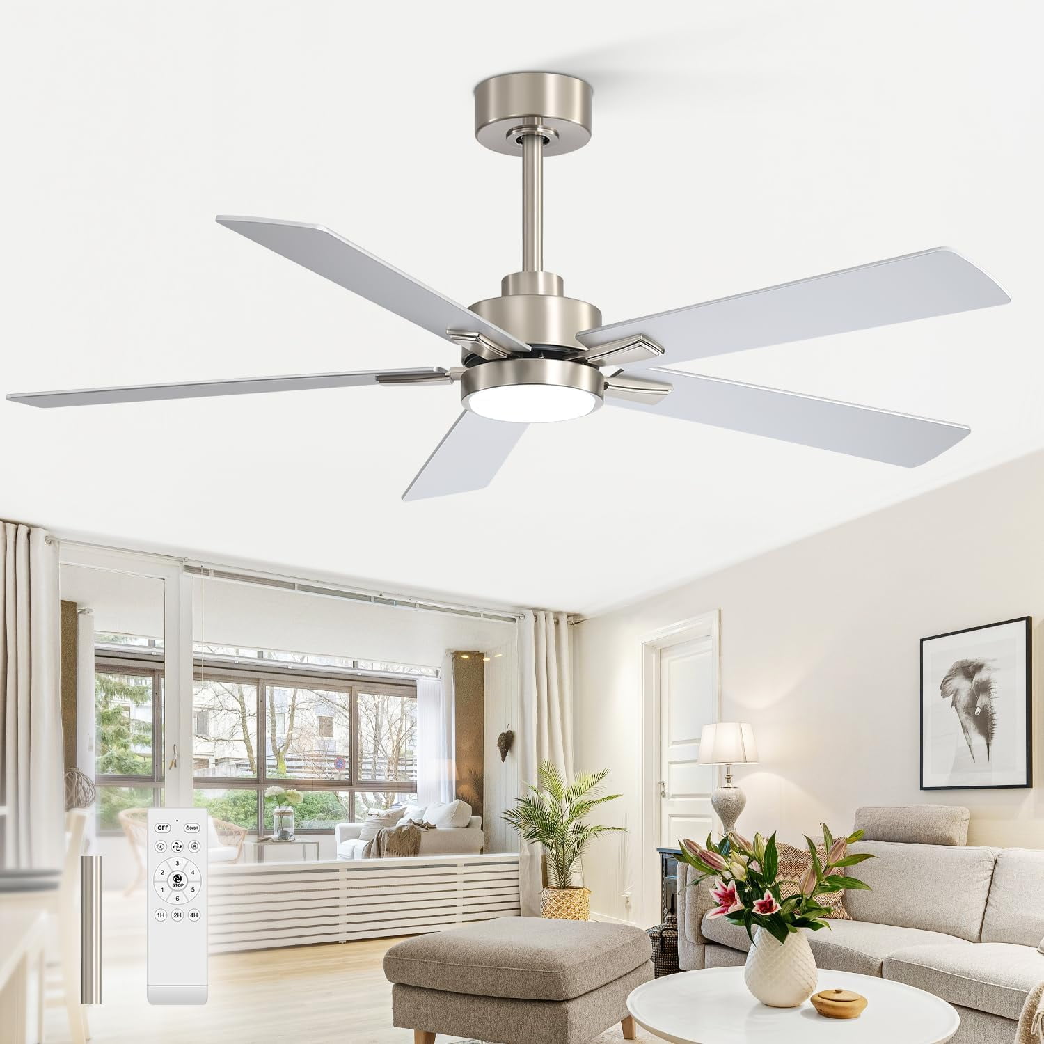 Ceiling Fans with LED Lights, 52 Inch 5-Blade Ceiling Fan Remote ...