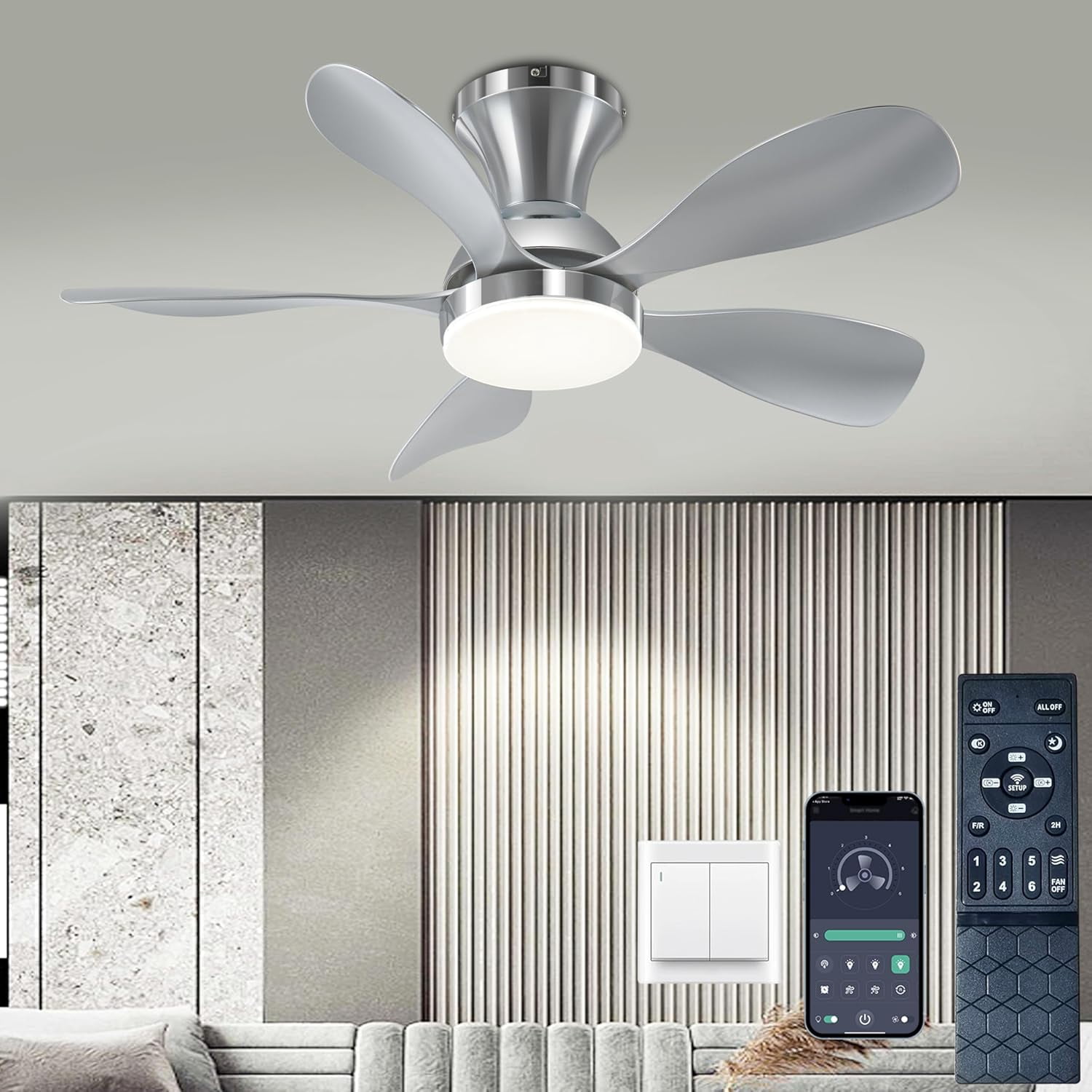 Ceiling Fans with Lights, 33Inch Low Profile Ceiling Fan with Remote ...