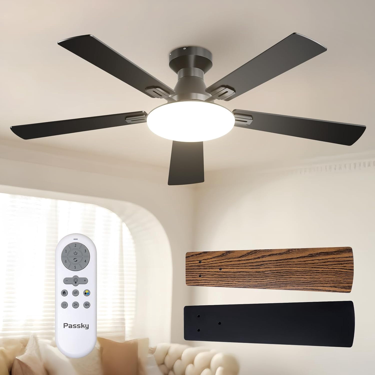Ceiling Fans with Lights, 52 inch Flush Mount Ceiling fan with Remote ...