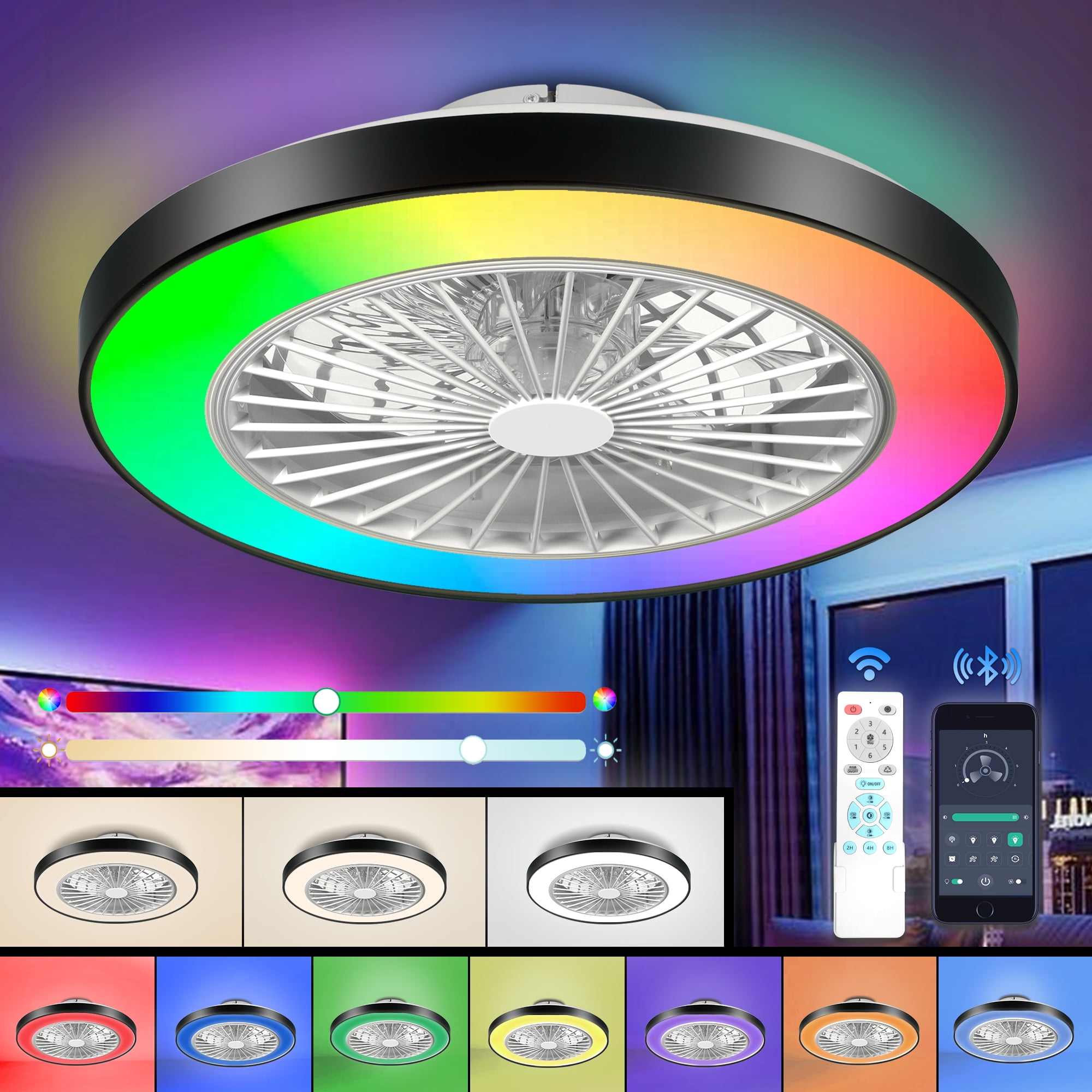 Lzawvm RGB Ceiling Fans with Lights LED Low Profile Smart APP Control ...