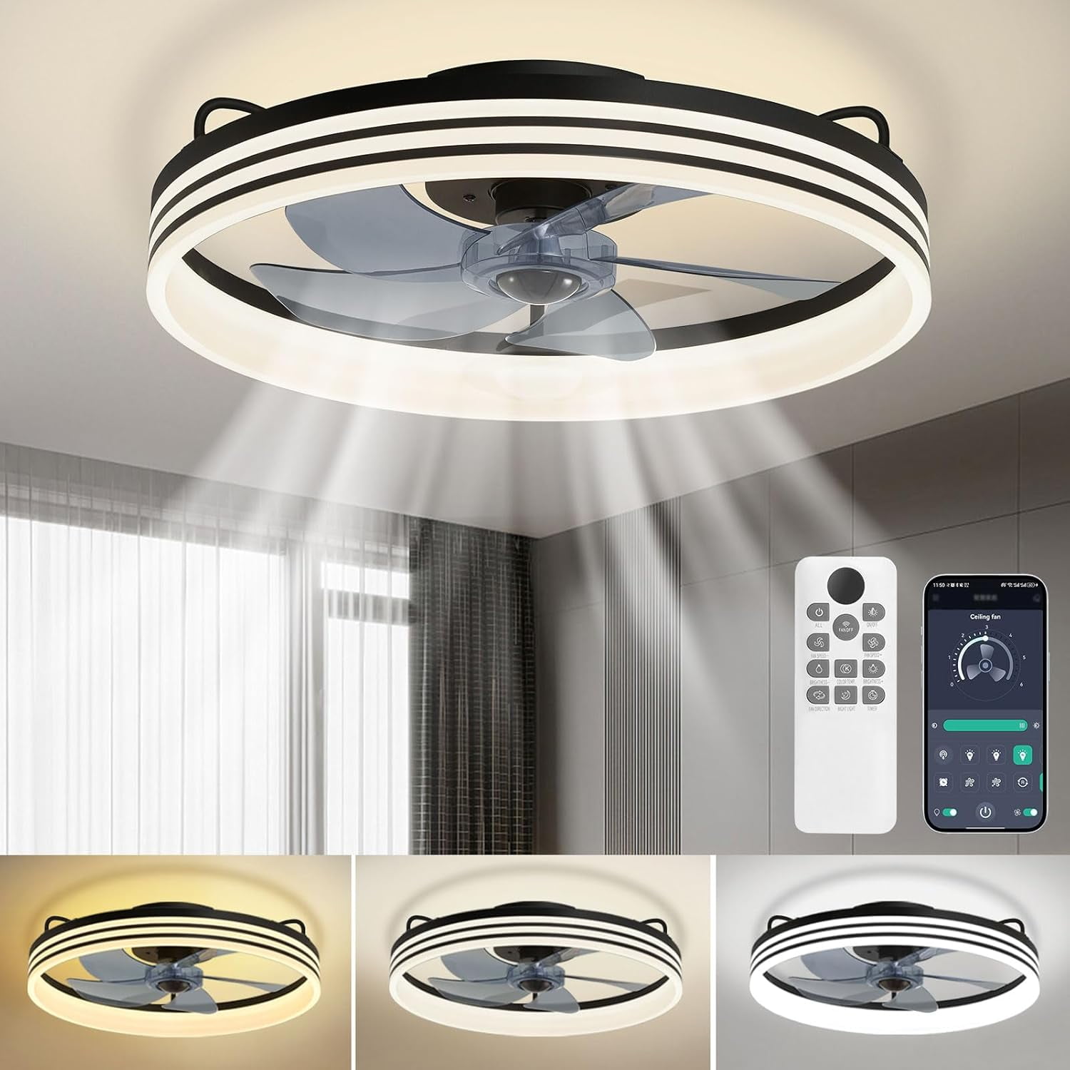 Ceiling Fans with Lights and Remote, Low Profile Ceiling Fan with Remote & 6 Wind Speeds /3000K ...