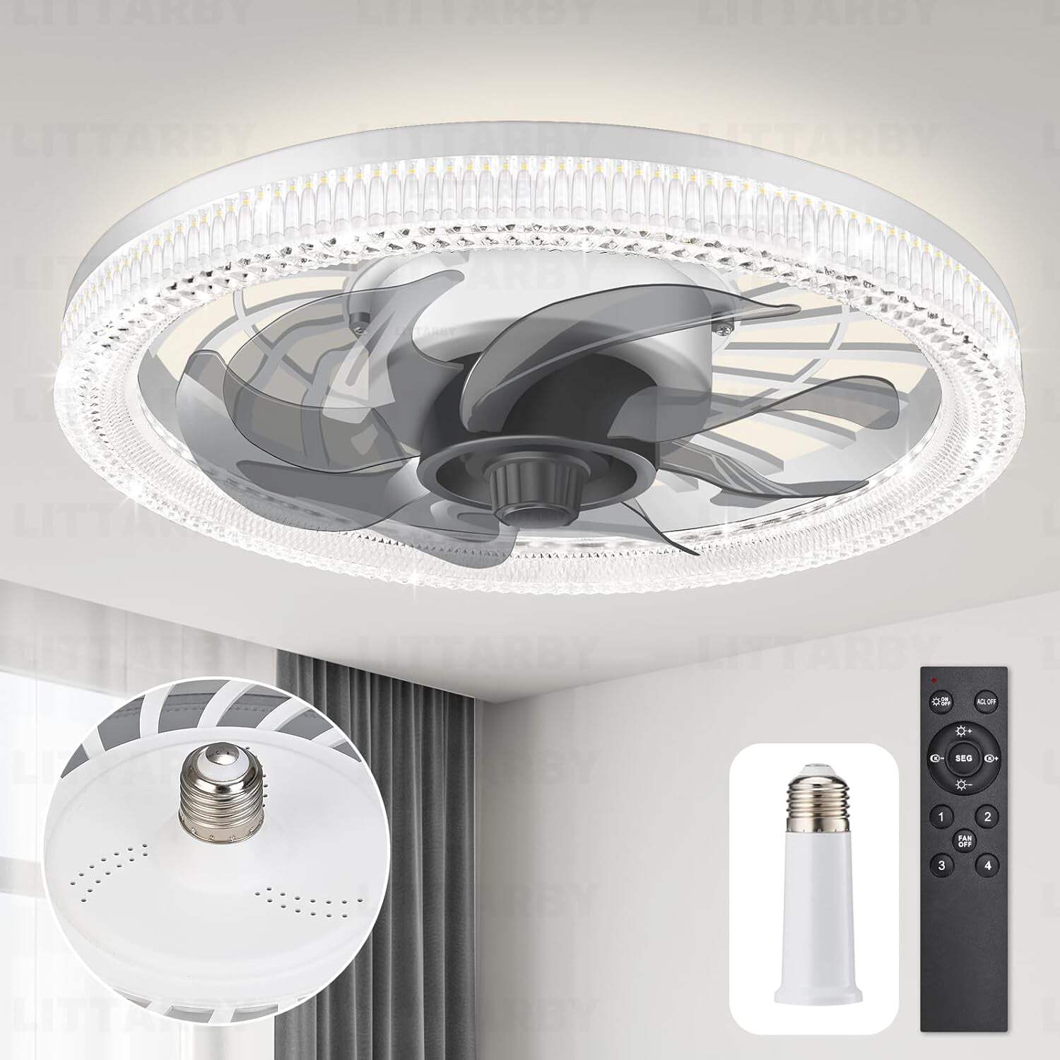 Ceiling Fans with Lights, Socket Fan Light with Remote Control, Dimmable Brightness 3000K-6500K ...