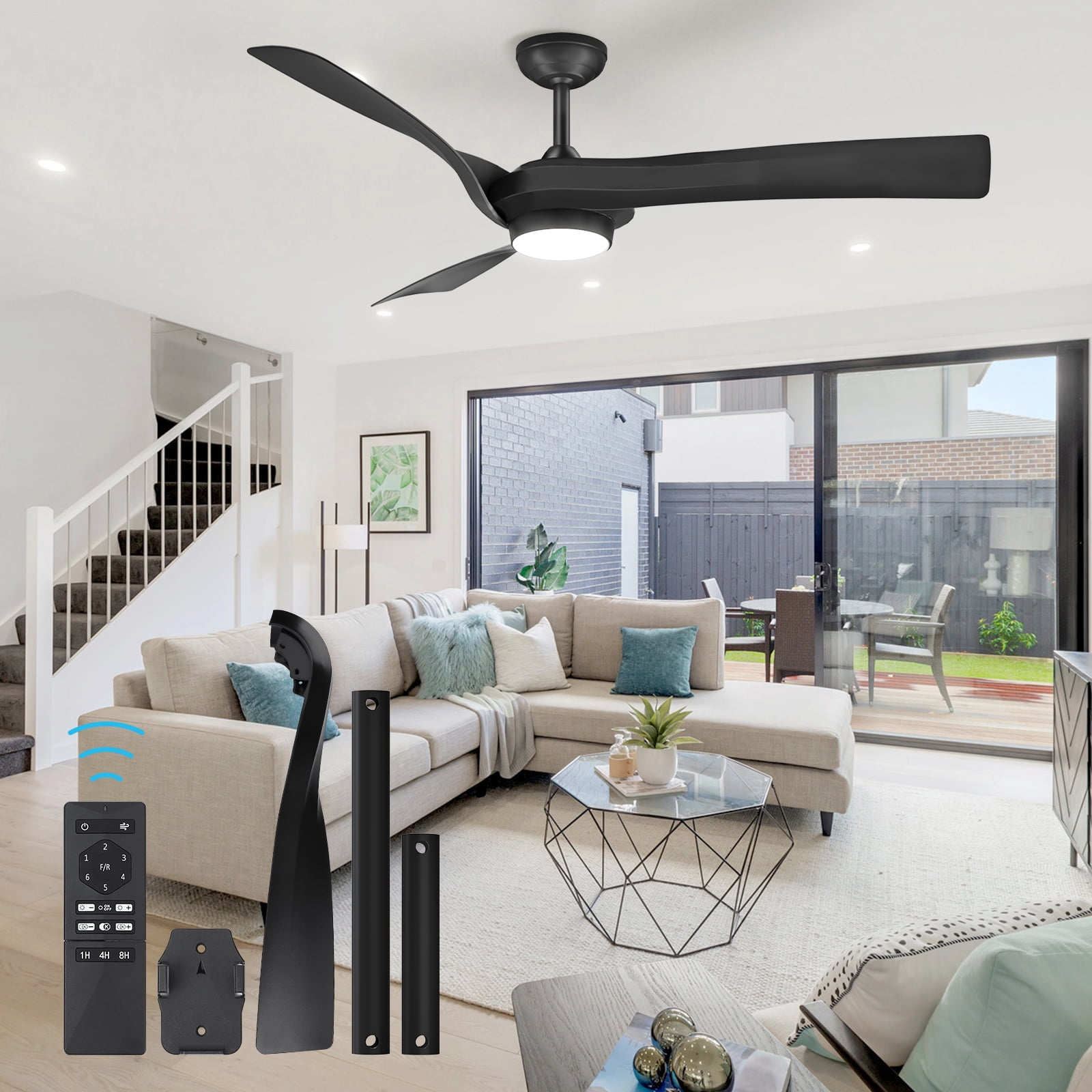 Ceiling Fans With Lights, 52 Inch 6 Speeds Ceiling Fan With 2 Downrods ...