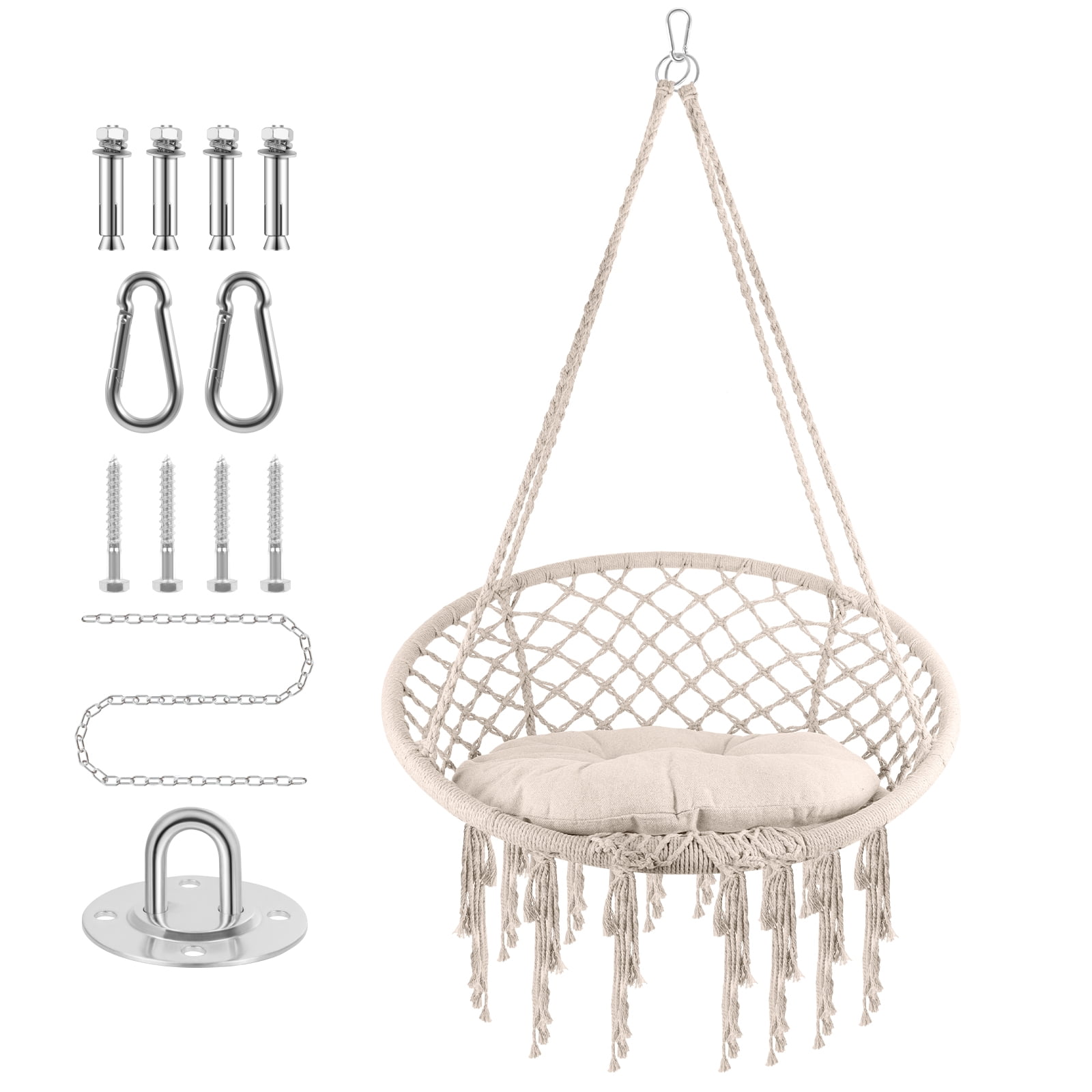 Ceiling Hanging Chair, Steel Mounts, Hand Woven Cotton Ropes, Beige ...
