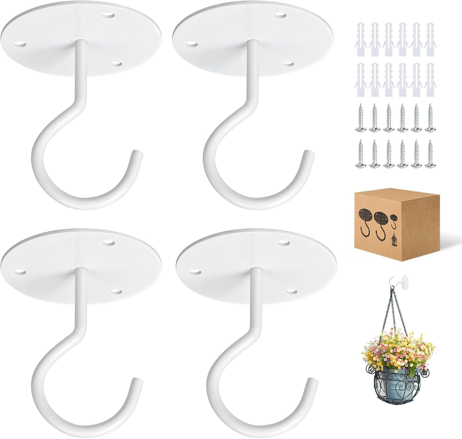 Ceiling Hooks for Hanging Plants, White Metal Plant Hangers Wall Mount ...