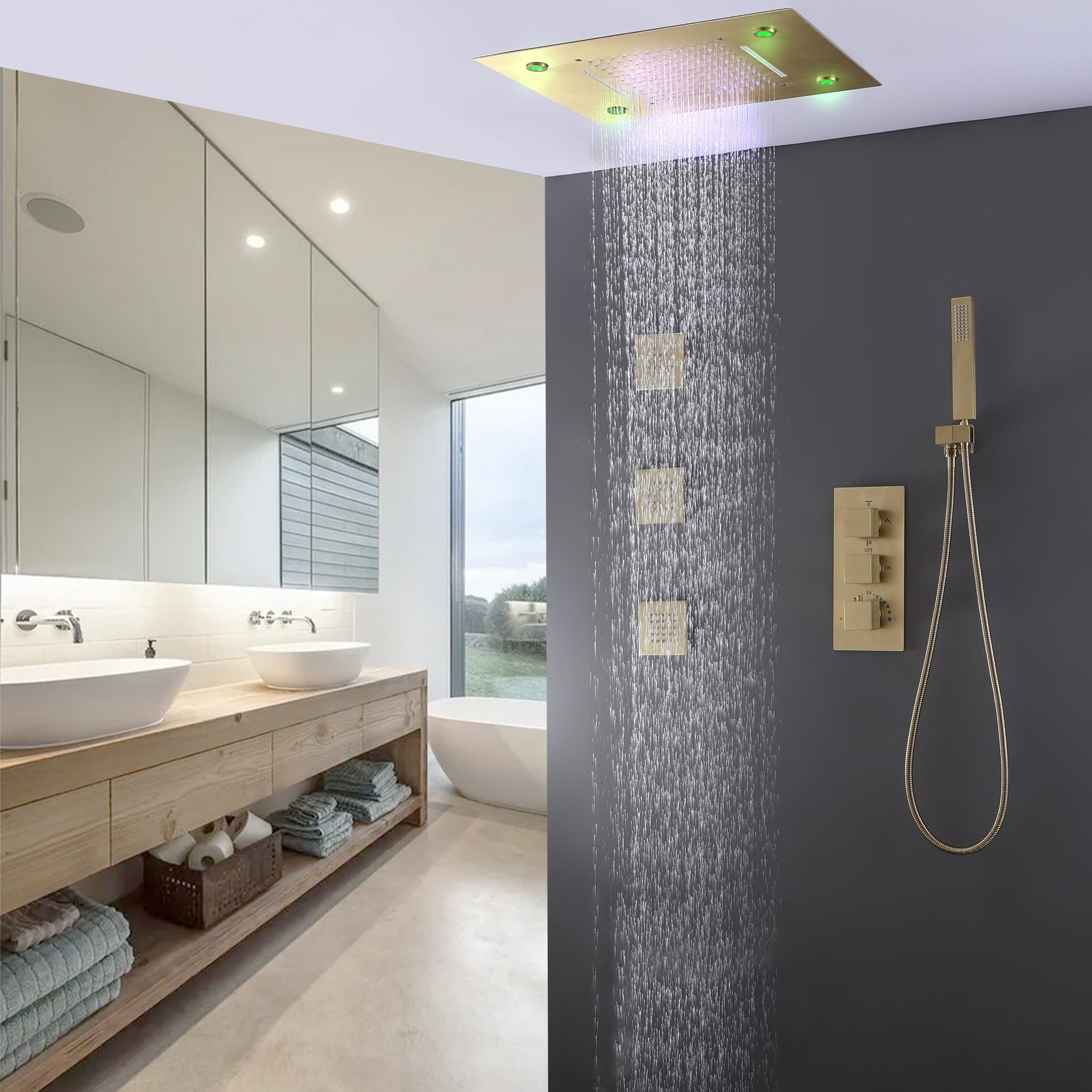 Ceiling LED 4-Way 3-Jet Complete Rain and Waterfall Shower System With ...