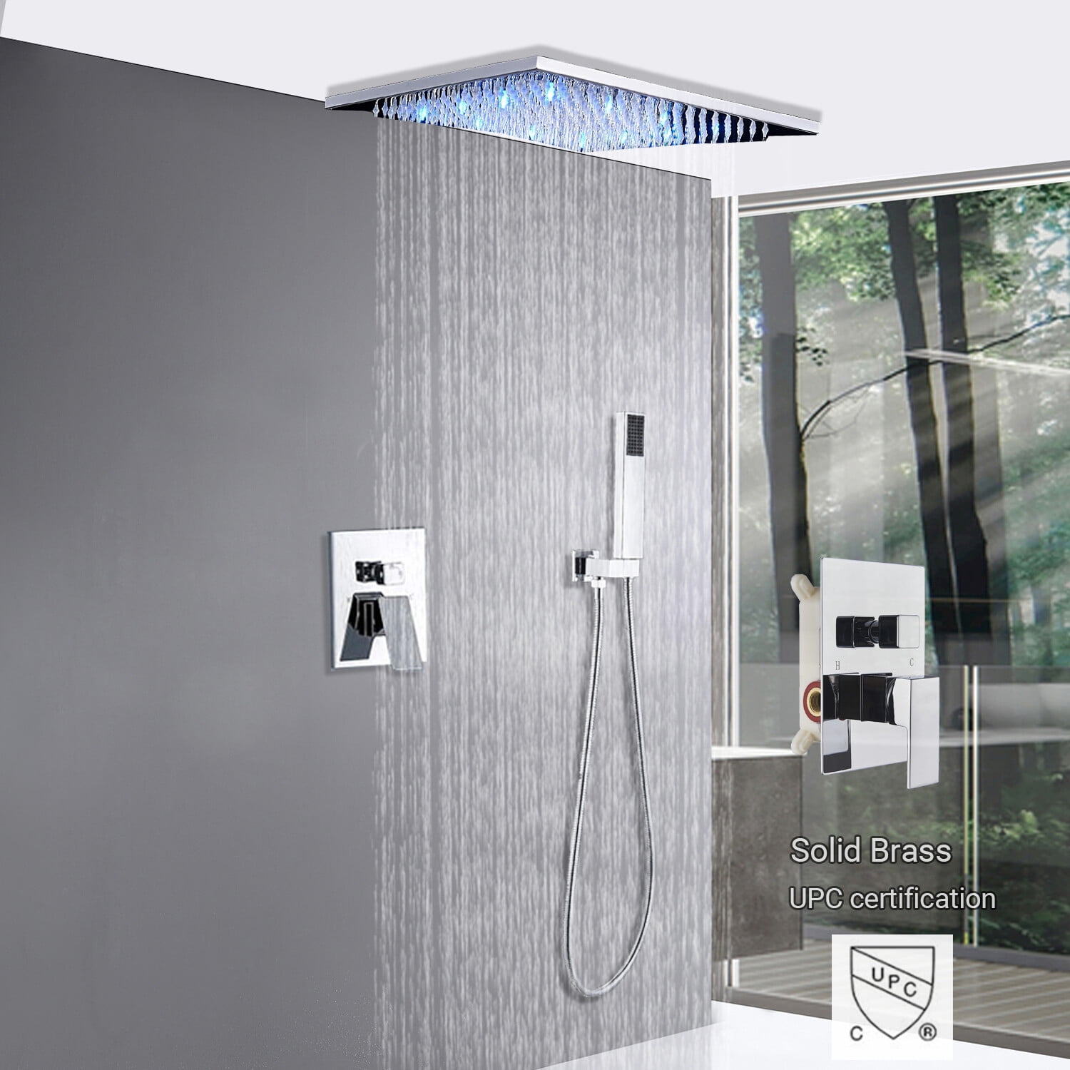 Ceiling Mount 12 inch LED Shower Faucet Rainfall& Hand Shower Mixer ...