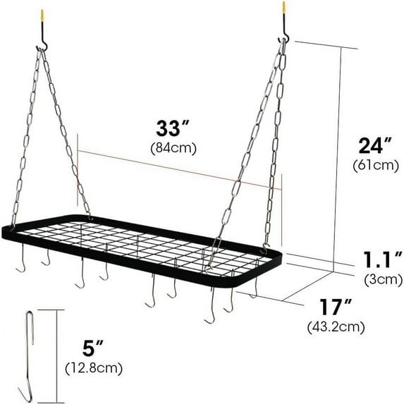 Ceiling Pot Rack, 33 Inches Wall Hanging Mounted Pot Pan Hanger with 12 ...