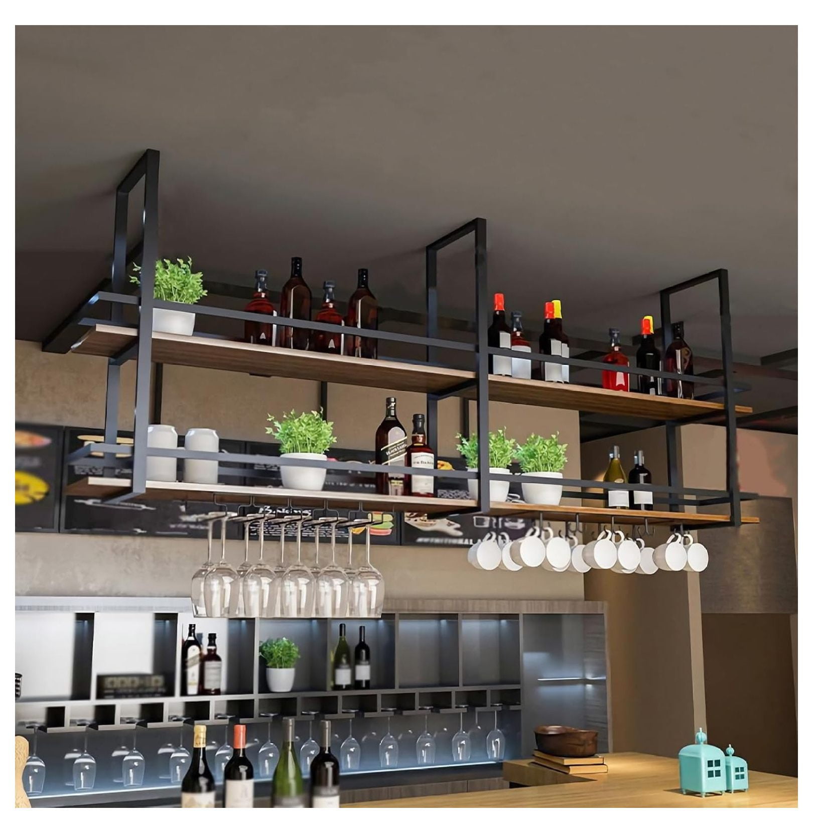 Ceiling Wine Glass Rack, Hanging Wine Rack with Glass Holder and Shelf ...
