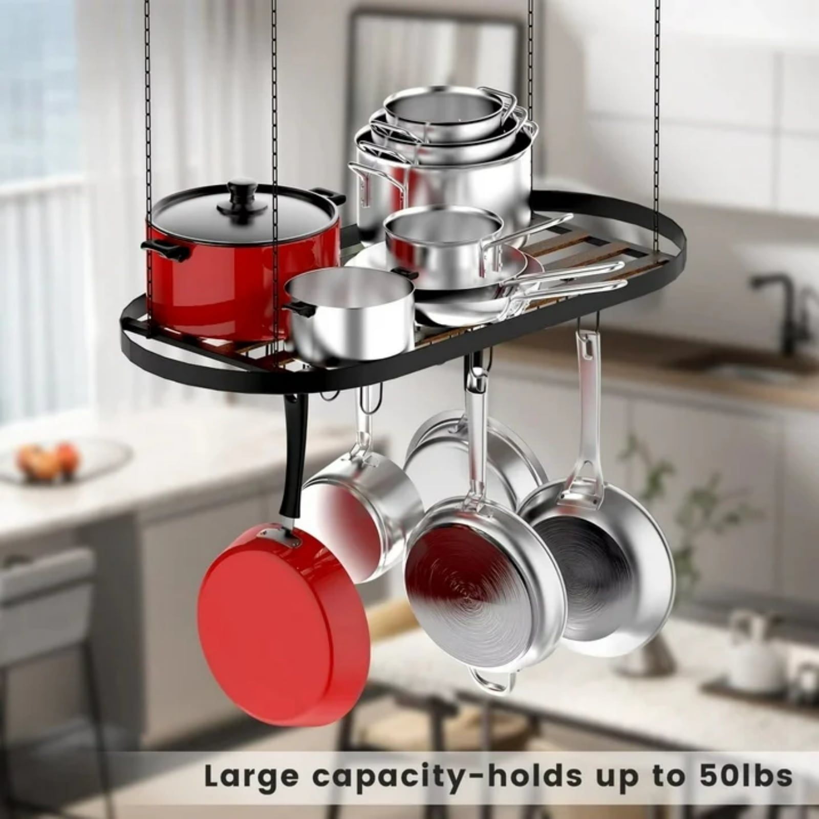 Ceiling-hung Oval Pot Rack with 12 Multipurpose Hooks, Designed for ...