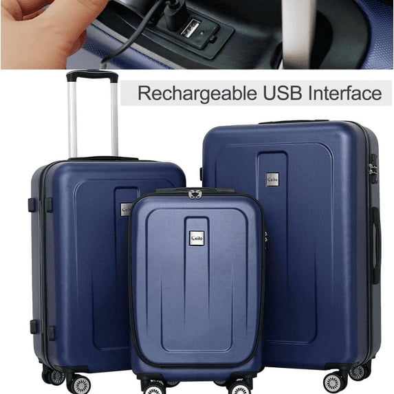 Ceilo 3PC Hardshell Luggage Set: Rechargeable USB, ABS Material, TSA ...