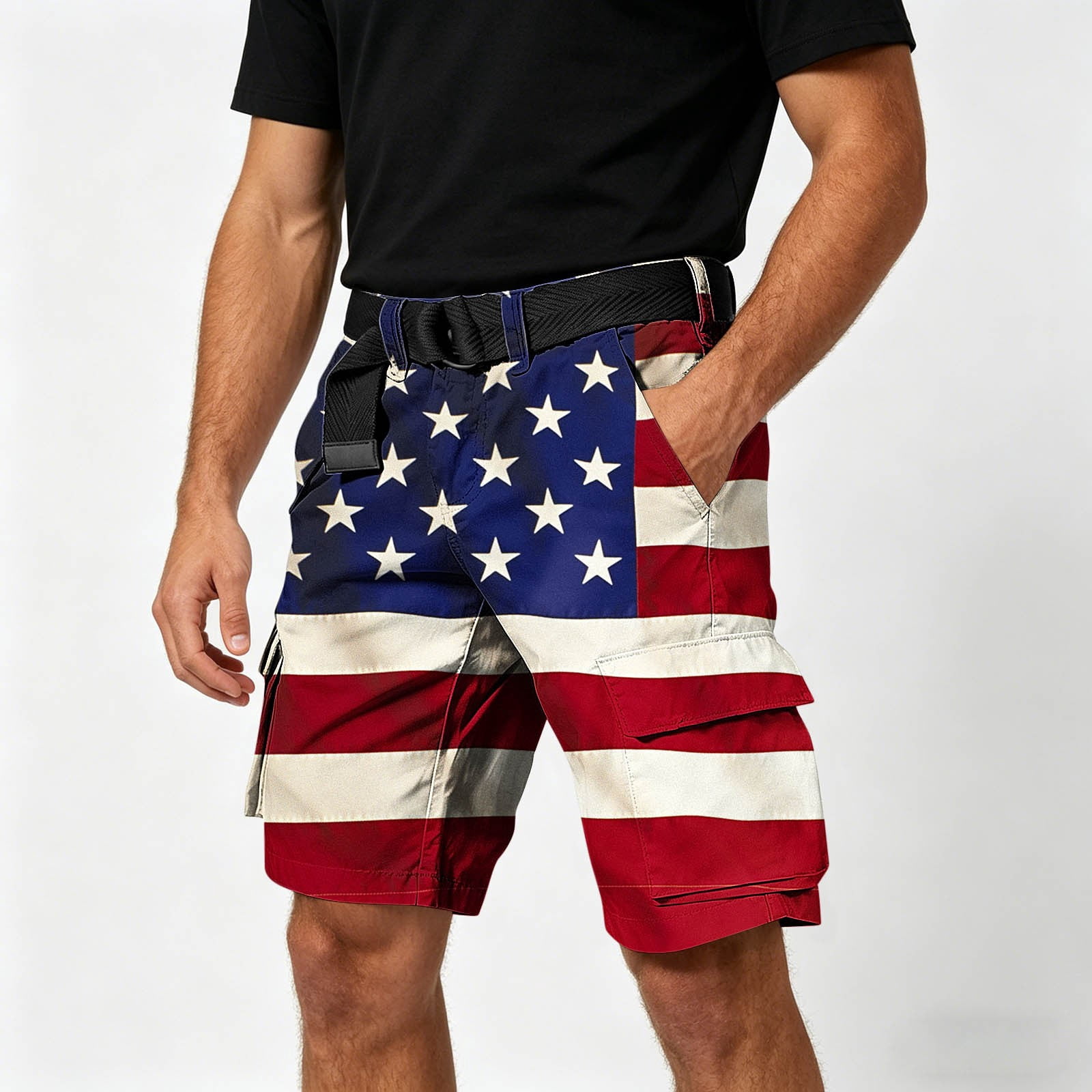 Ceisia Classic Full US Flag Pattern Belted Cargo Shorts Multi Side ...