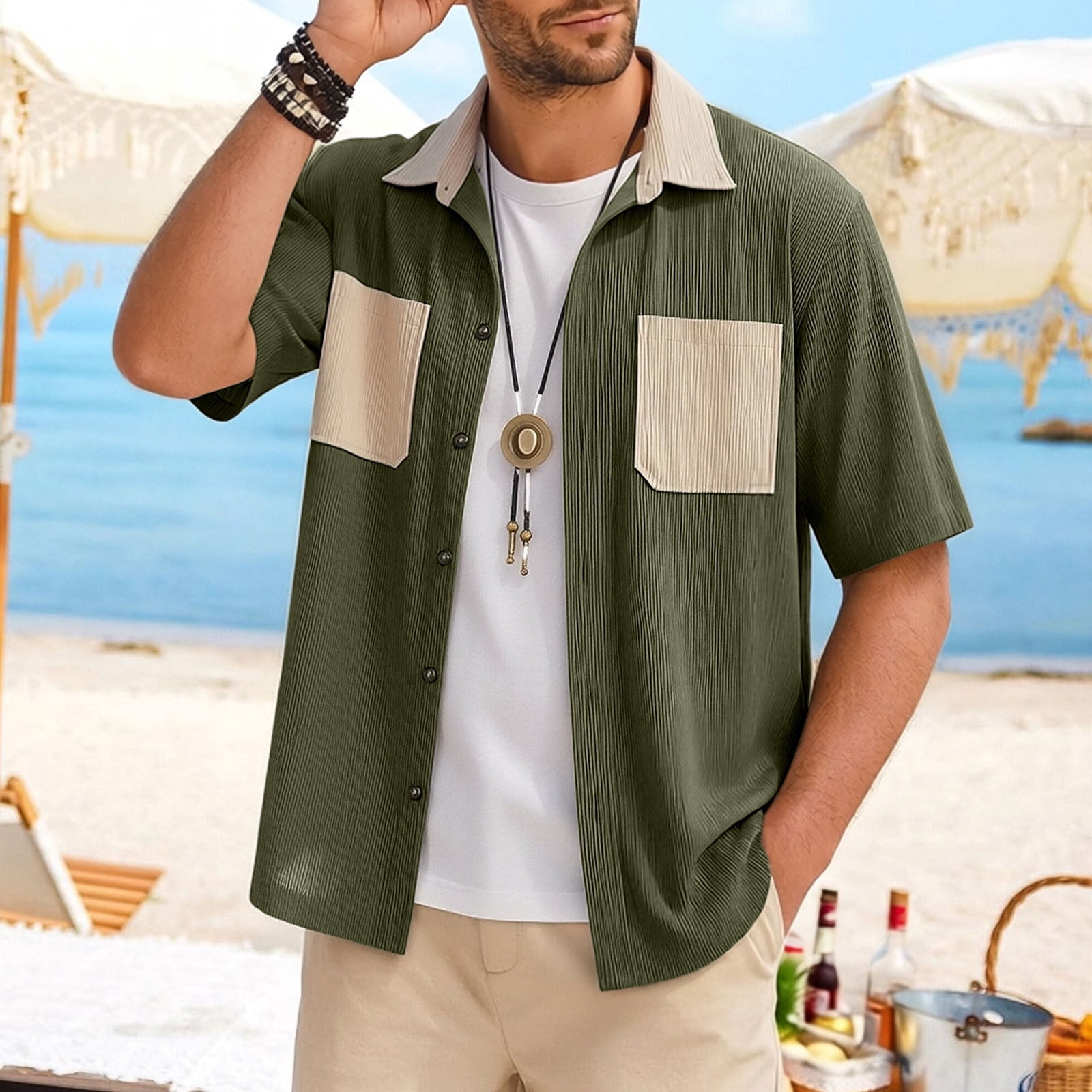 Ceisia Contrast Collar Corduroy Button Down Shirts Single Chest Pocket ...
