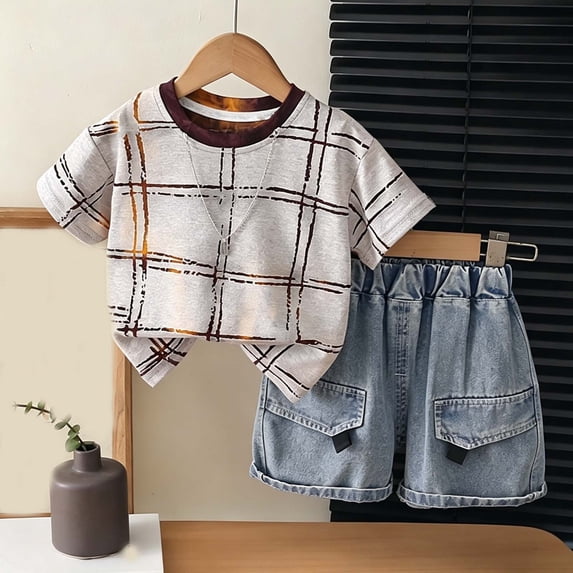 Ceisia Kids 2PC Casual Outfit Set Plaid Print Short Sleeve T Shirt and ...
