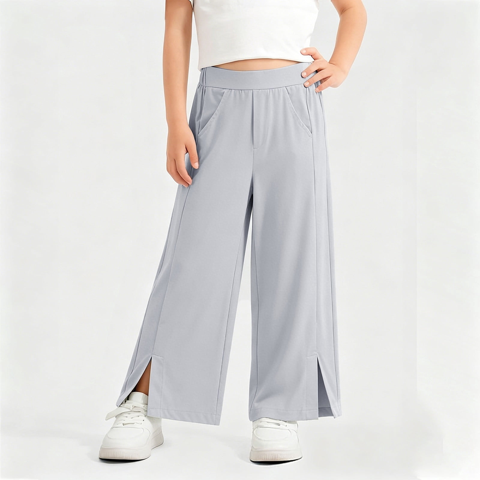 Ceisia Kids Casual Wide Leg Pants Elastic Waist with Split Hem and Side ...