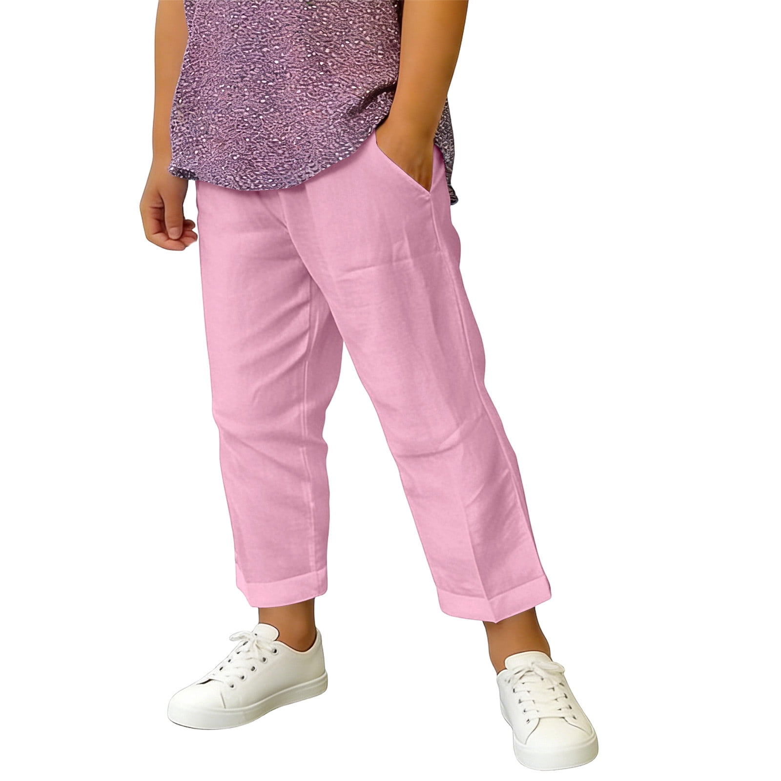 Ceisia Kids' Linen Blend Cropped Pants Elastic Waist Straight Leg ...