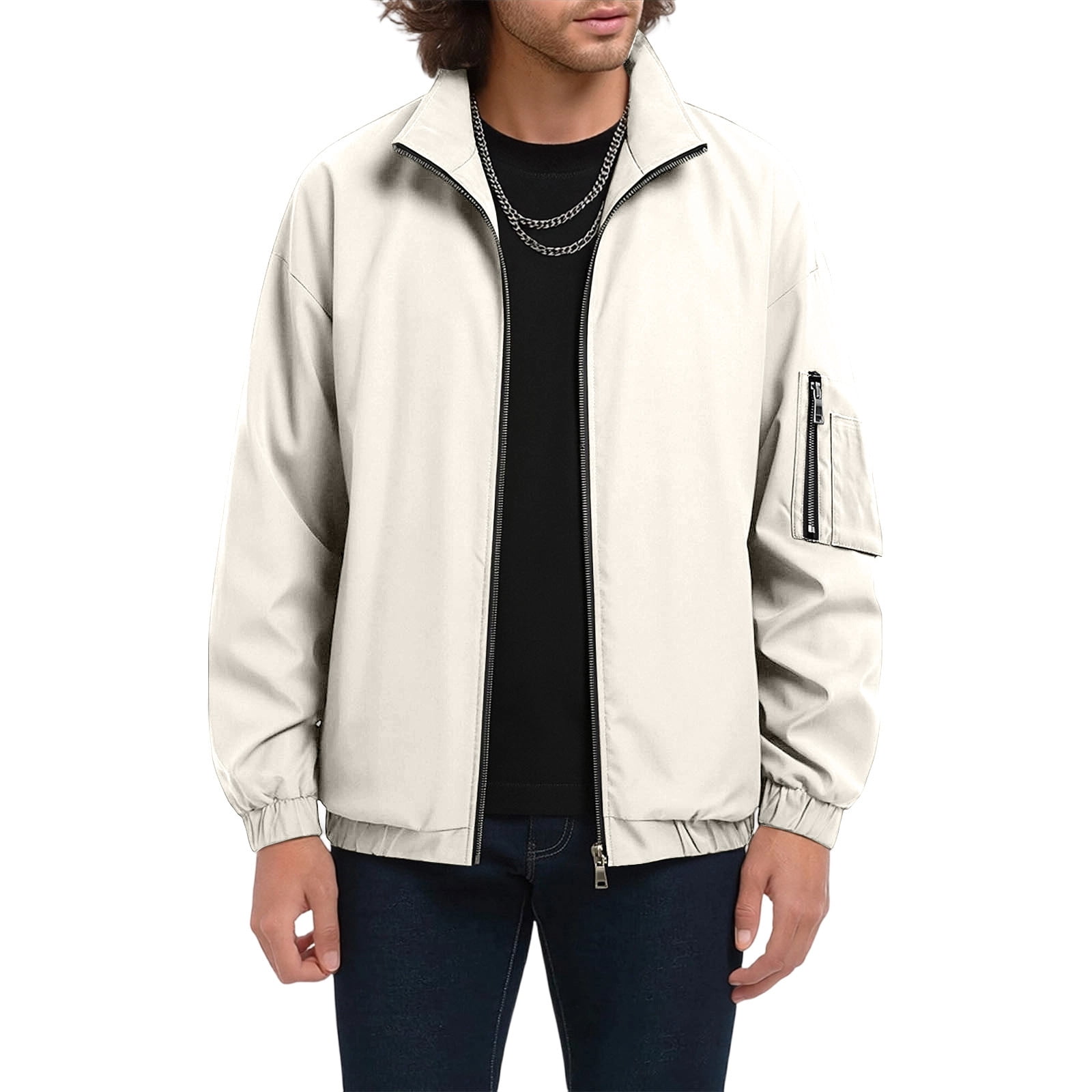 Ceisia Mandarin Collar Zip Pocket Long Sleeve Jackets Solid Elastic ...