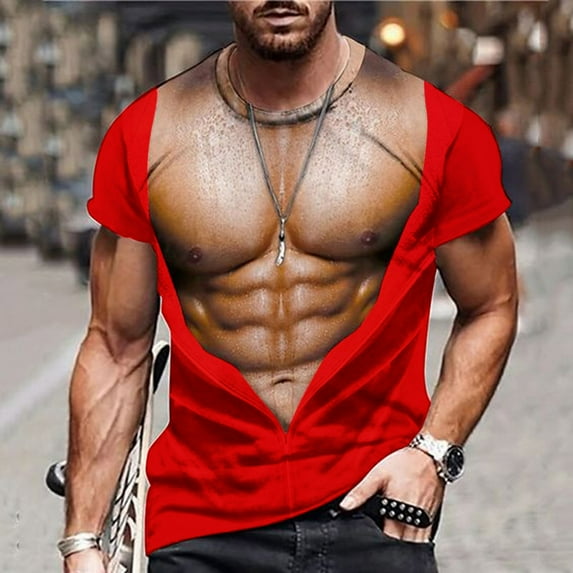 Ceisia Men 3D Fake Open Muscle T Shirt Short Sleeve Crew Neck Novelty ...