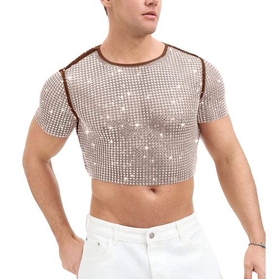 Ceisia Men Bling Rhinestone Mesh Crop Top Short Sleeve Round Neck See ...