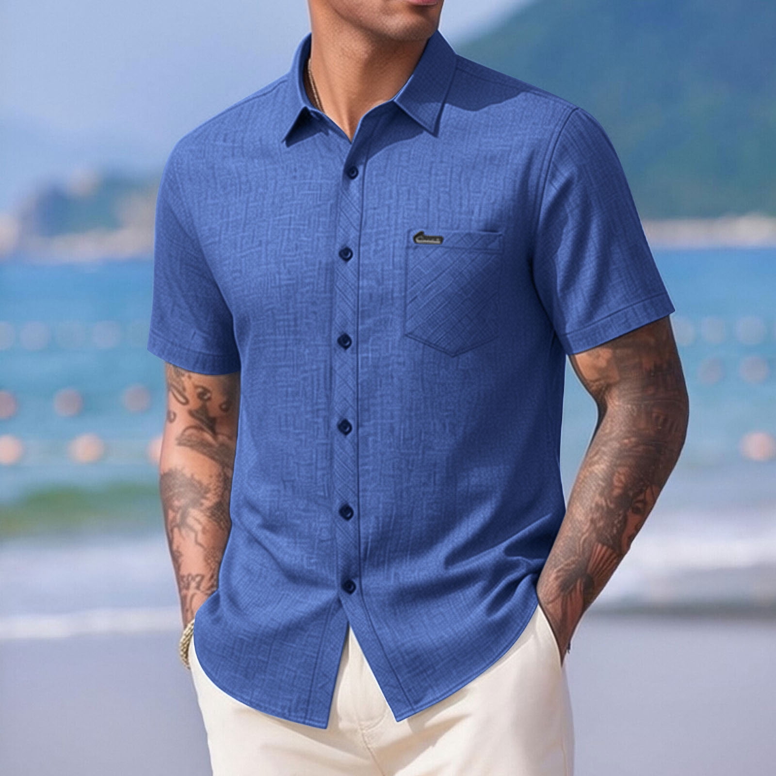 Ceisia Men Chest Pocket Textured Fabric Short Sleeve Button Down Casual ...