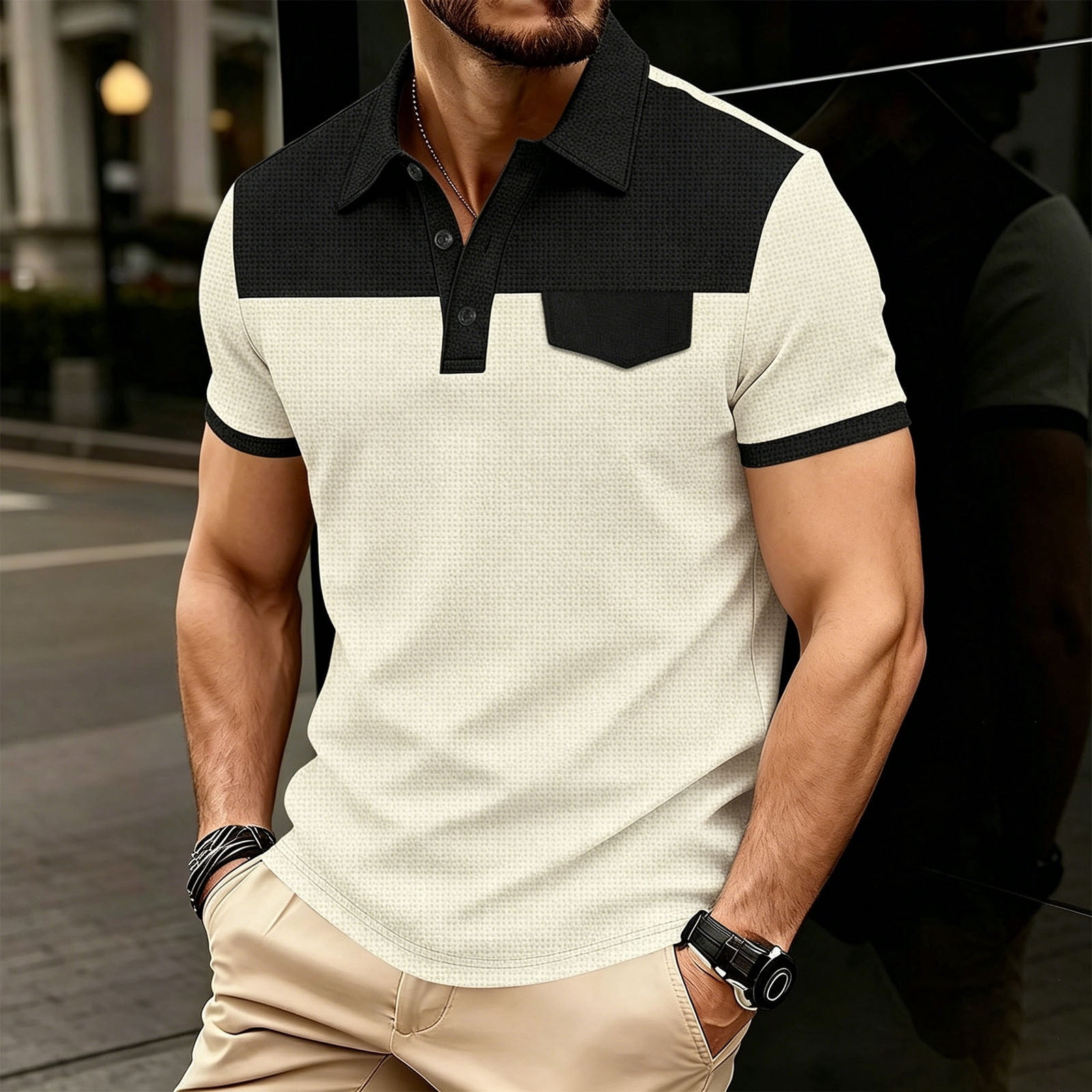 Ceisia Men Color Block Chest Pocket Button Placket Short Sleeve Texture ...