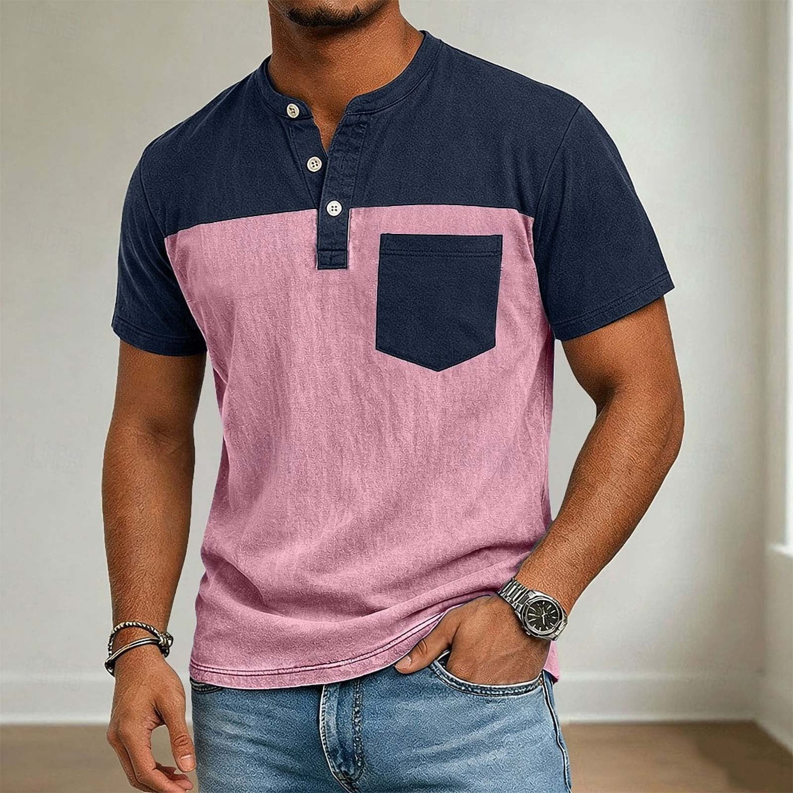 Ceisia Men Color Block Henley Neck Short Sleeve T Shirt Pocket Design ...
