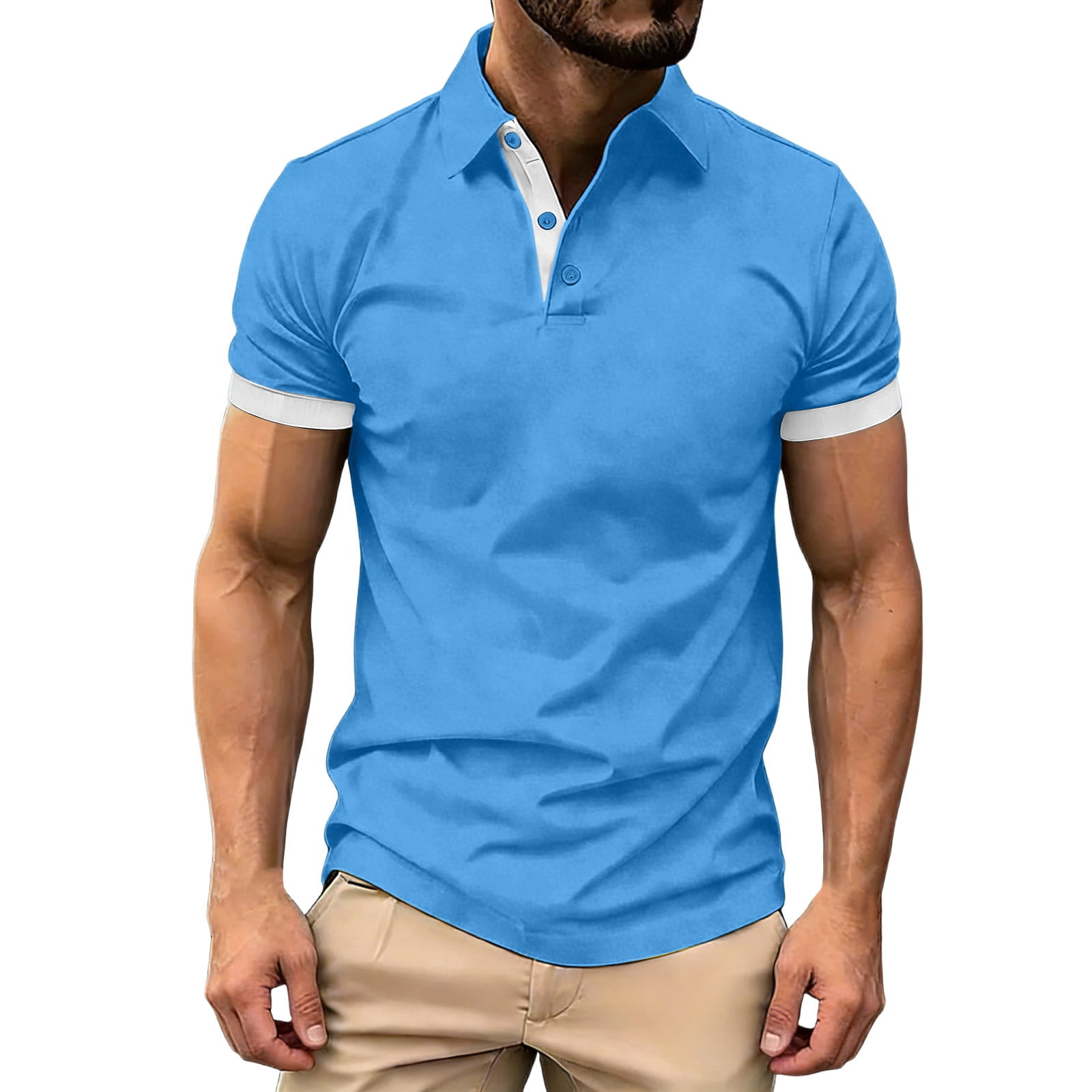 Ceisia Men Contrast Cuff Sleeve Polo Shirt Button Placket Solid Slim ...